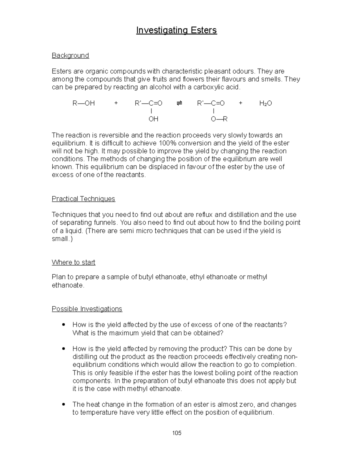 Esters - work - Investigating Esters Background Esters are organic ...