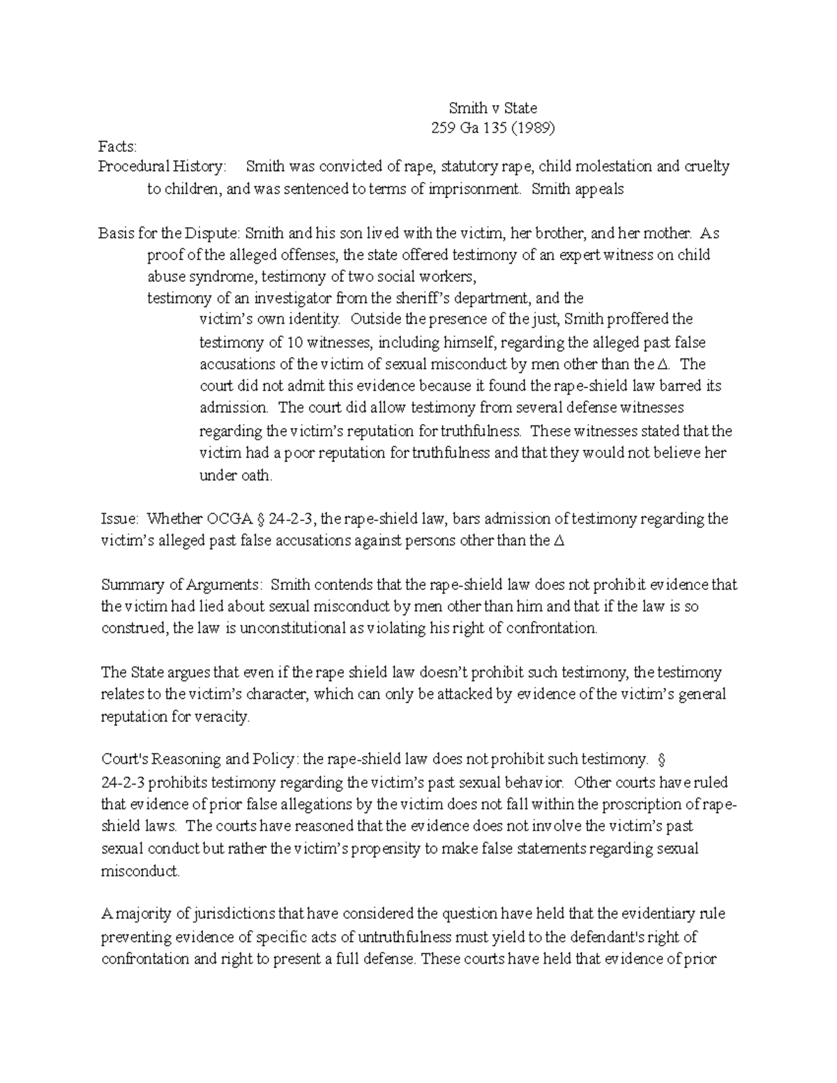 Evidence 2020 Smith v State - Smith v State 259 Ga 135 (1989) Facts ...