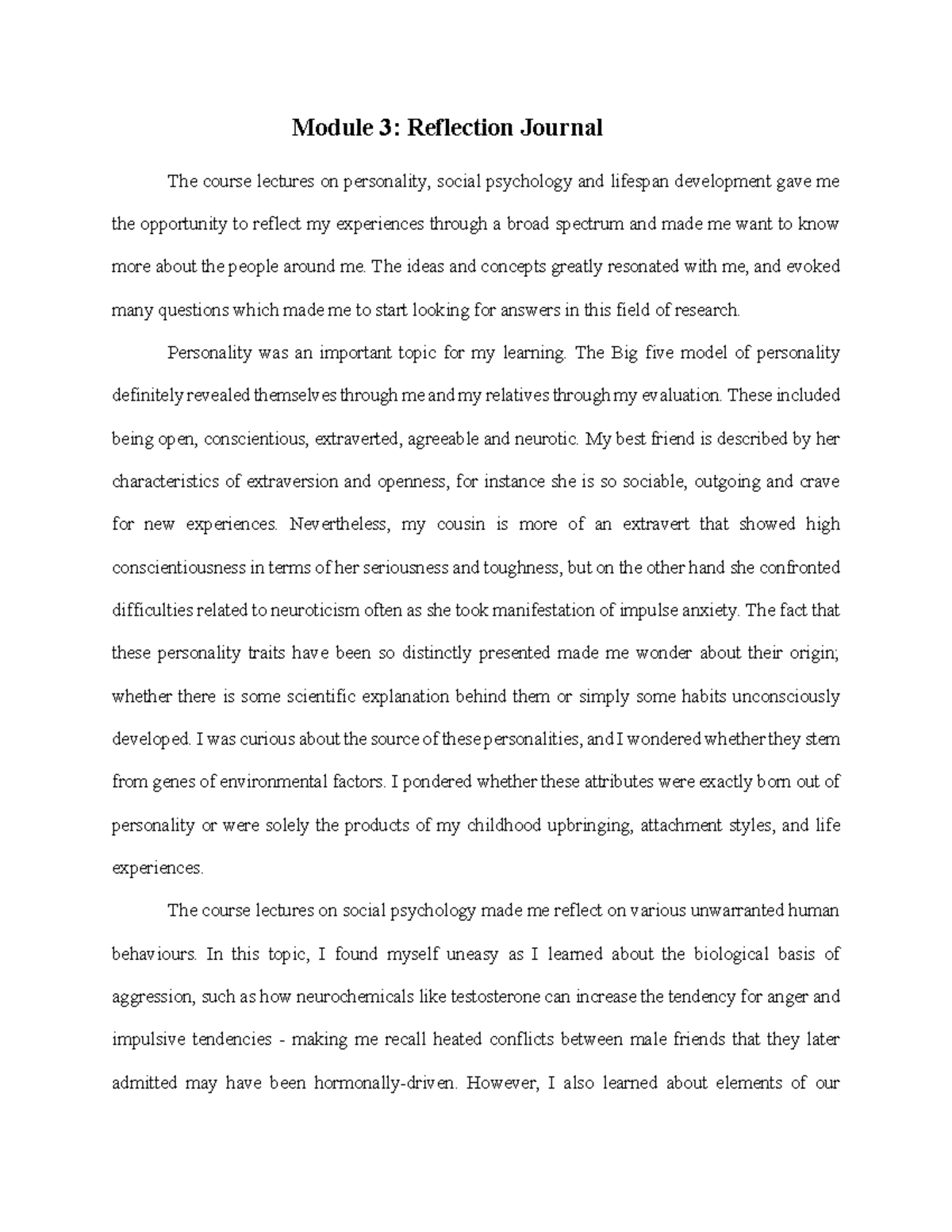 Module 3 reflection Journal pdf - Module 3: Reflection Journal The course lectures on ...