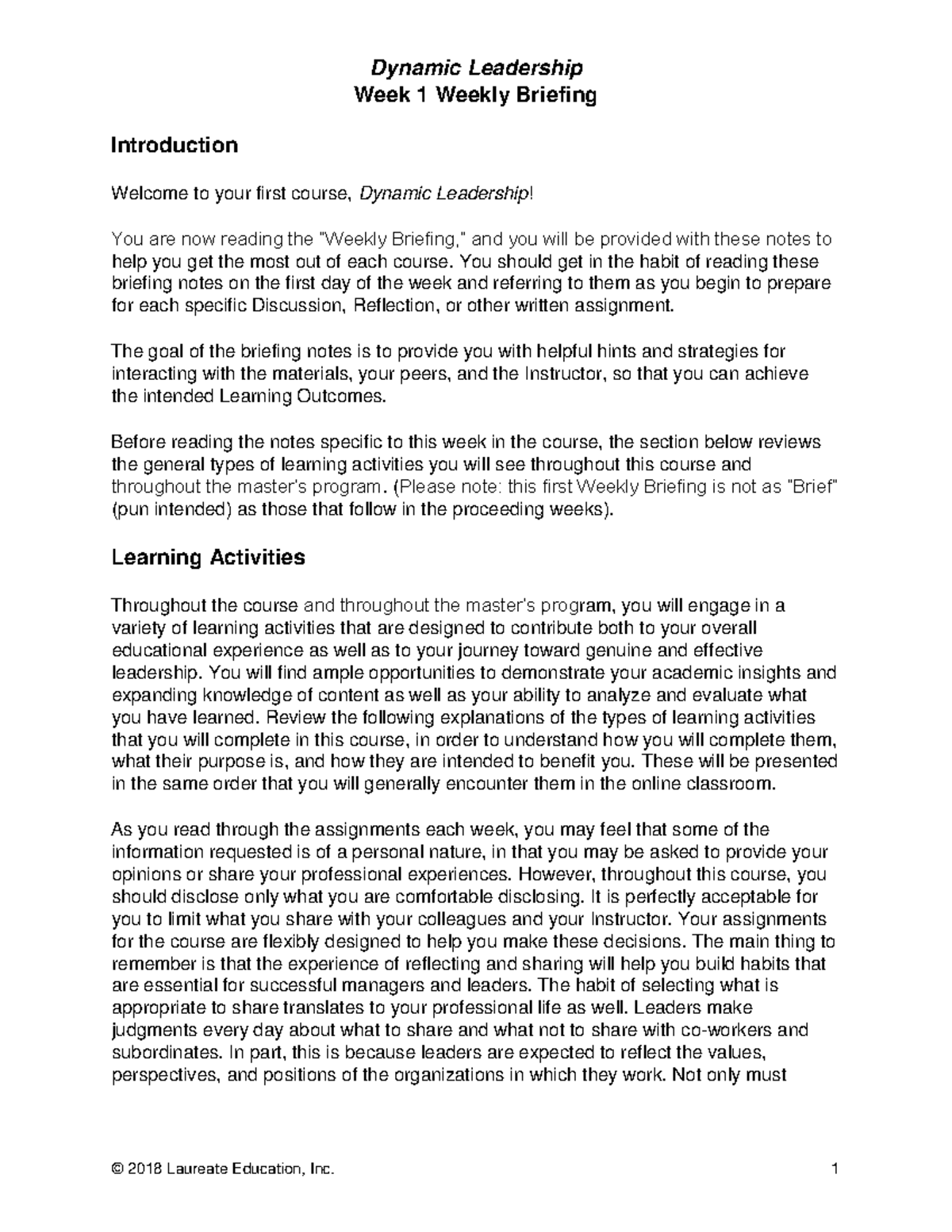 USW1 WMBA 6000 week1Weekly Briefing - Week 1 Weekly Briefing ...