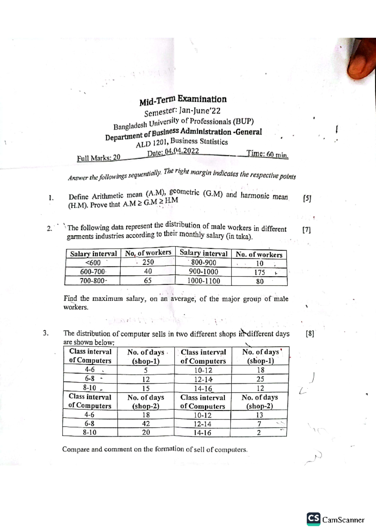 Stats mid question - Business Statistic - CamScanner CamScanner - Studocu