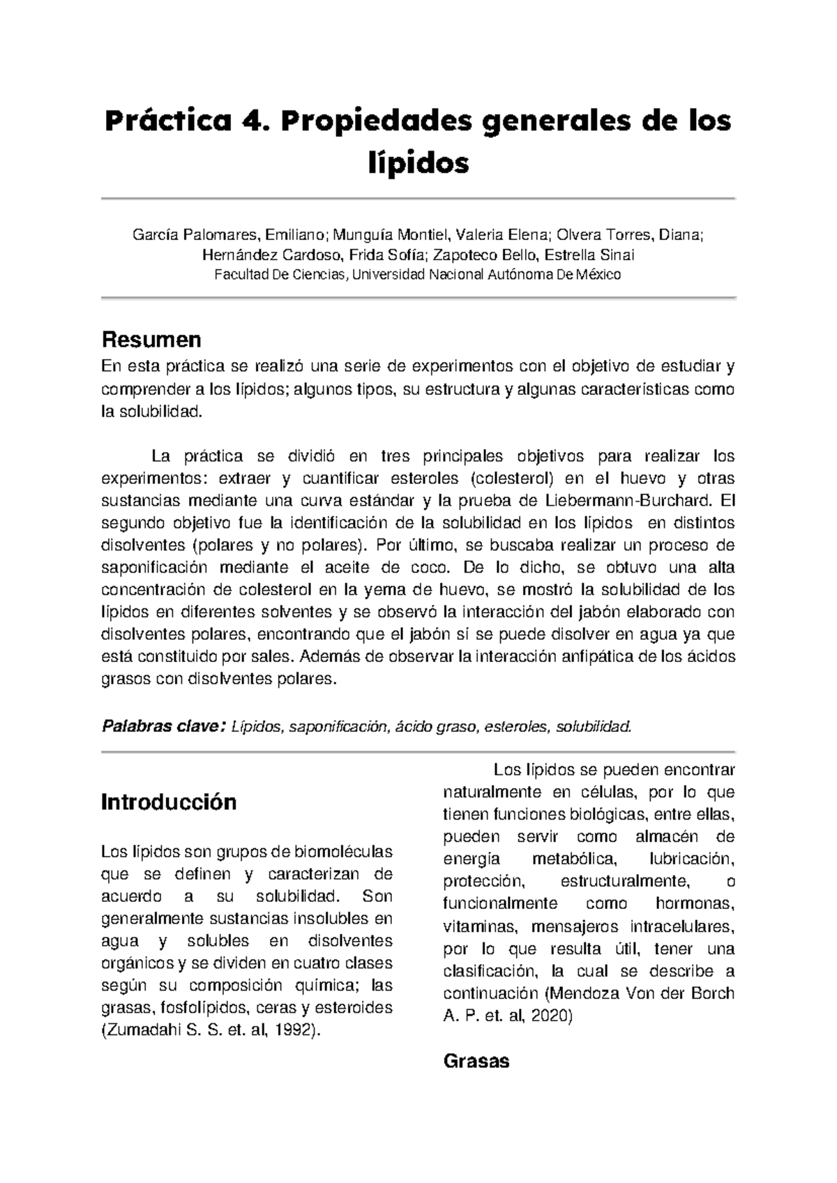 Propiedades generales de los lípidos - Práctica 4. Propiedades generales de los lípidos García ...