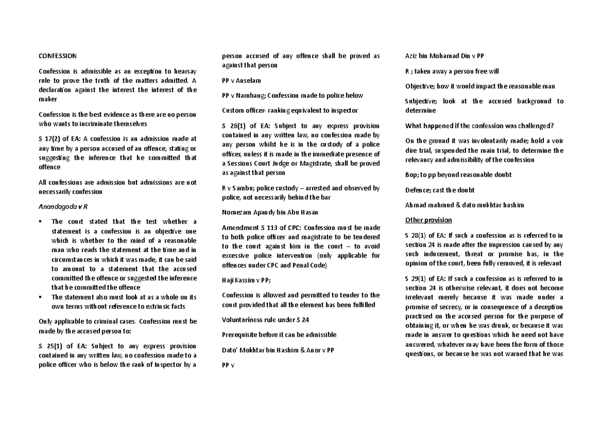 10. Confession - notes - CONFESSION Confession is admissible as an ...