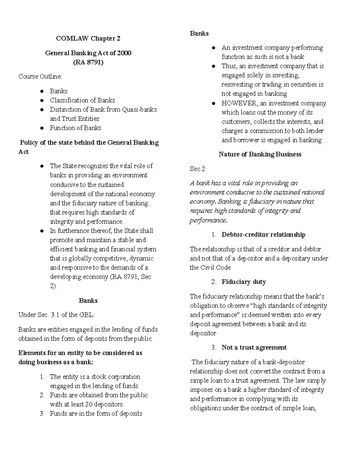 Comlaw Chapter 2 - Topic: General Banking Act of 2000 (RA 8791 ...
