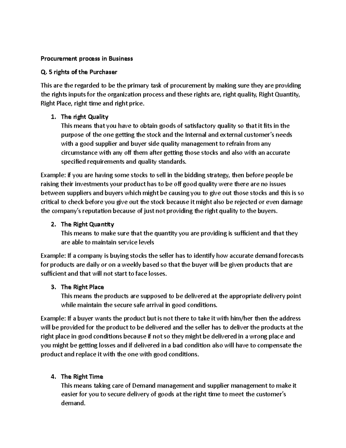 Unit 9: Procurement process in business, 5 rights of the Purchaser ...