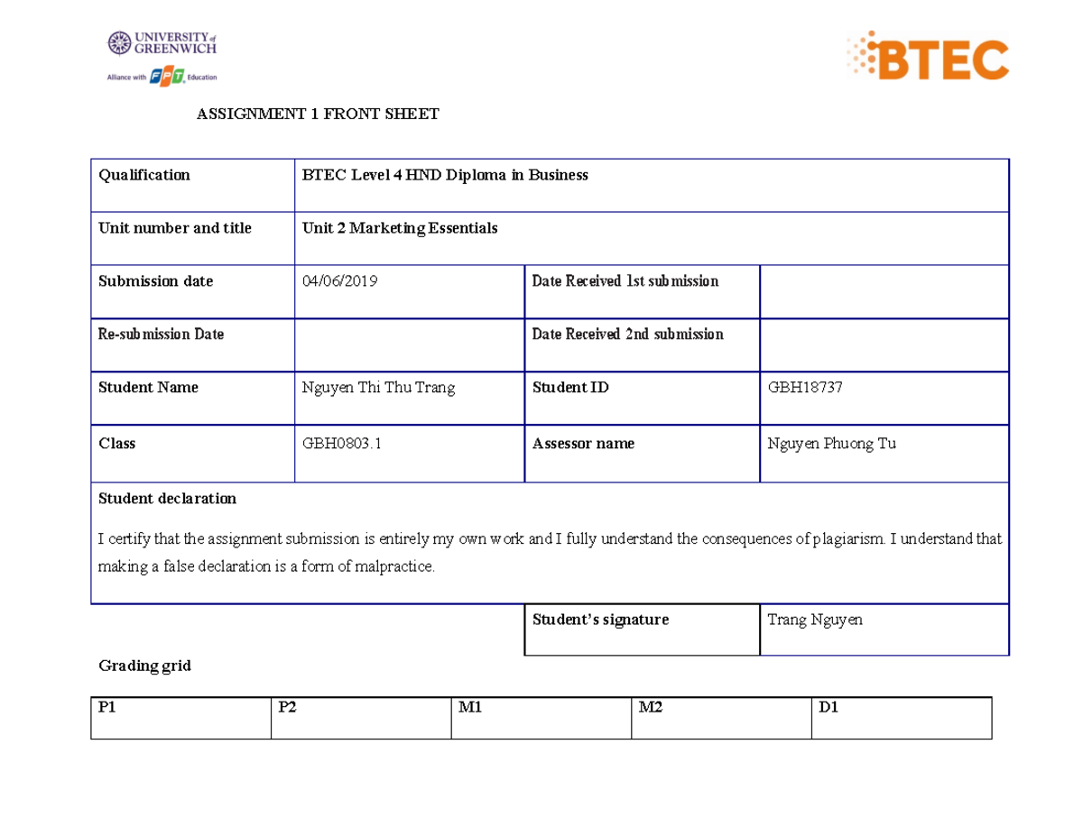 Trang NTT GBH18737 486 ASM1 - ASSIGNMENT 1 FRONT SHEET Qualification BTEC Level 4 HND Diploma in ...