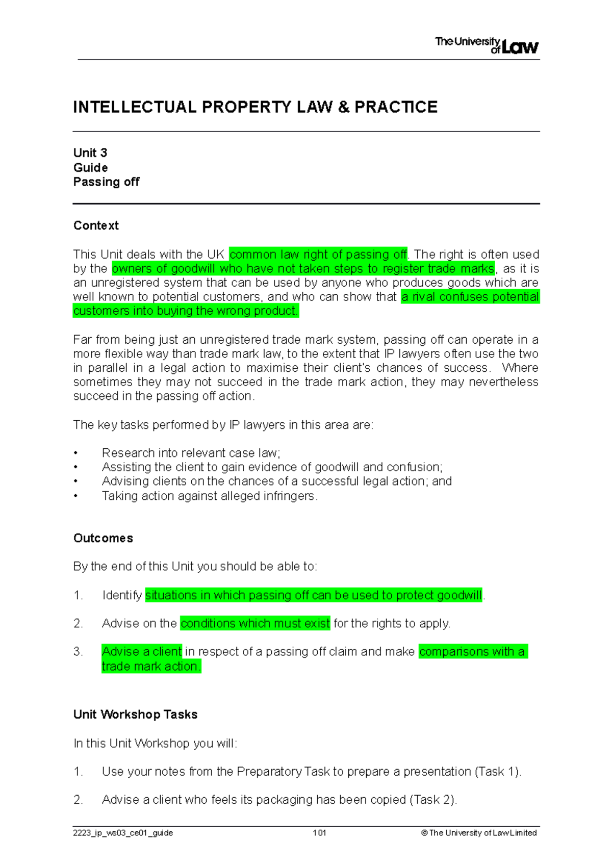IP3 - Passing off Guide - INTELLECTUAL PROPERTY LAW & PRACTICE Unit 3 Guide Passing off Context ...