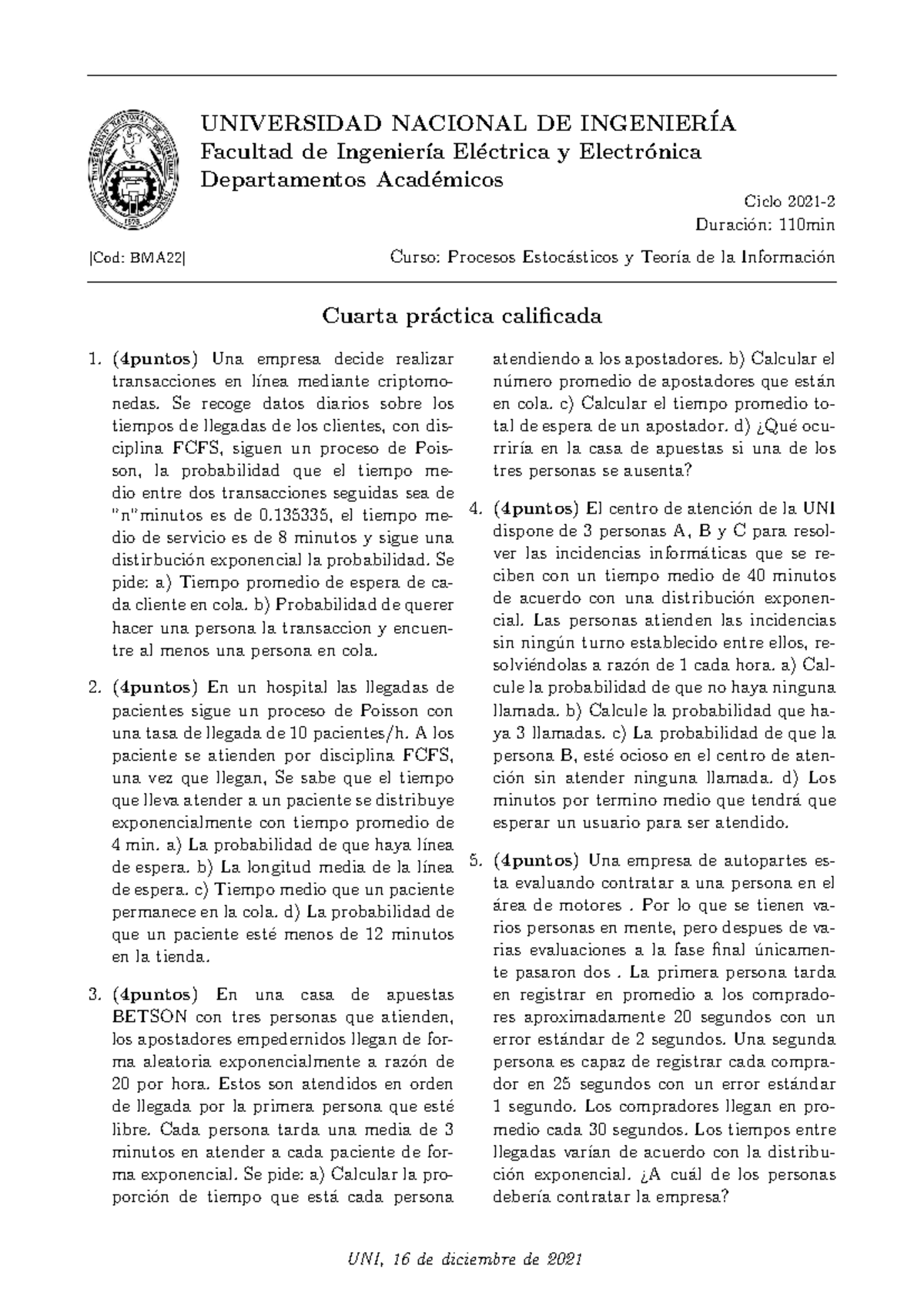 Pc4 21ii - examen del curso - UNIVERSIDAD NACIONAL DE INGENIER ́IA ...
