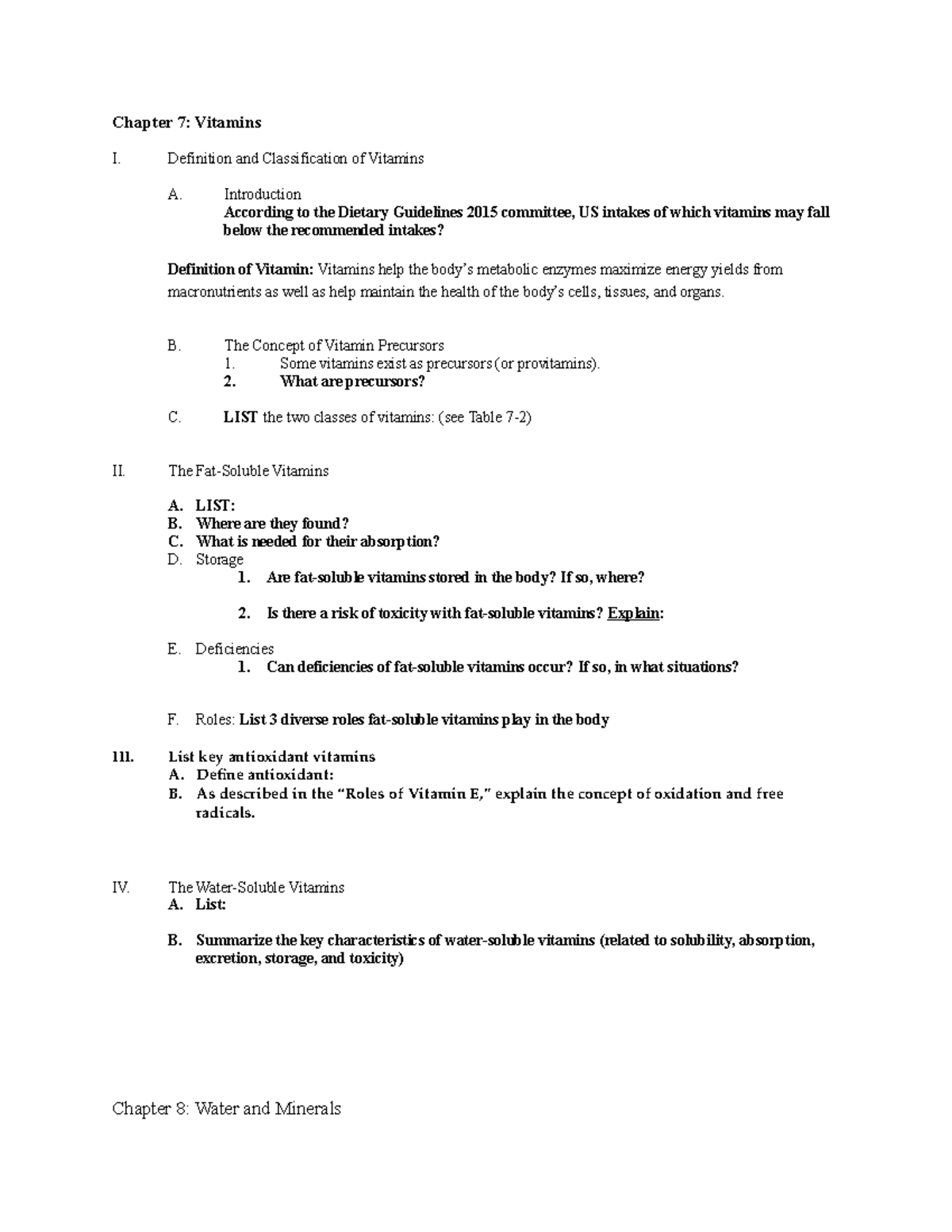 Vitamin & Mineral Outline - Chapter 7: Vitamins I. Definition and ...