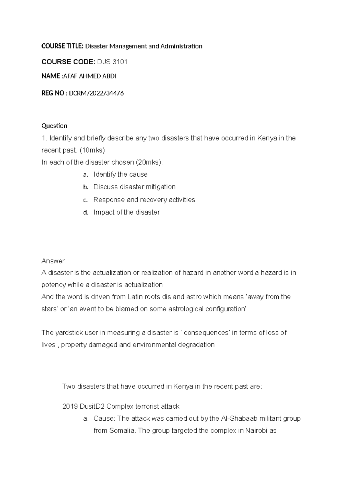 Disaster management - jdjdhdj - COURSE TITLE: Disaster Management and ...