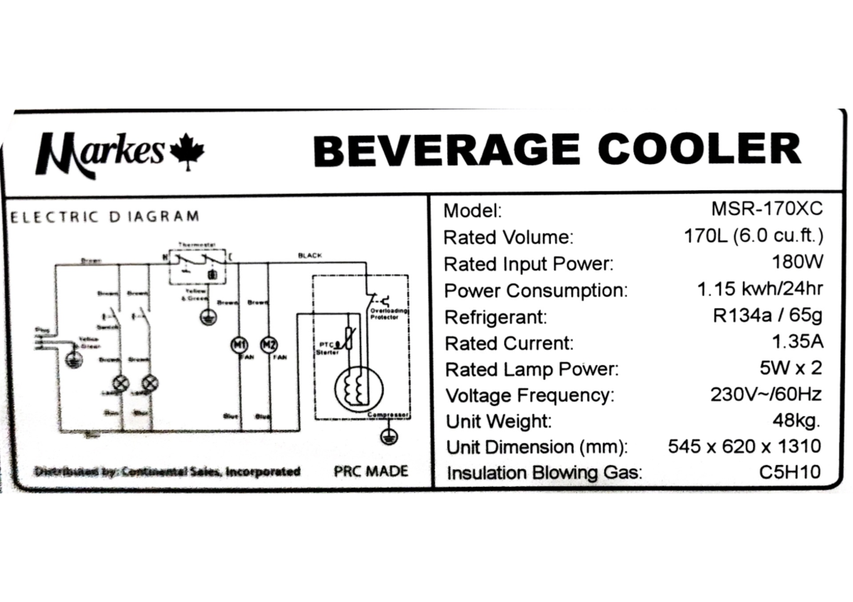 Manufacture Nameplate-Ref - Markes BEVERAGE COOLER ELECTRIC D IAGRAM ...