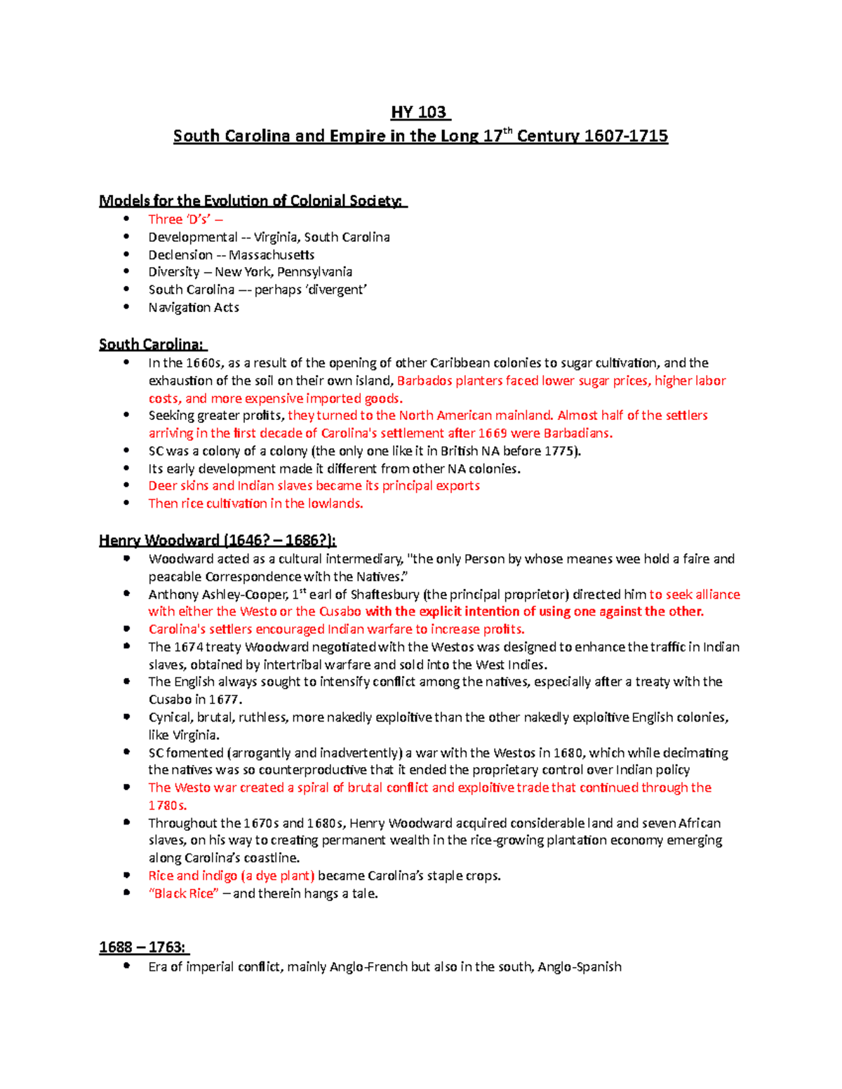 South Carolina and Empire in the Long 17th Century 1607-1715 - HY 103 ...