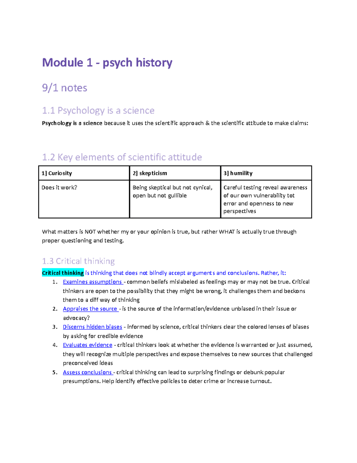 Sike - U1 - Part 1 - Pysch history - Module 1 - psych history 9/1 notes ...