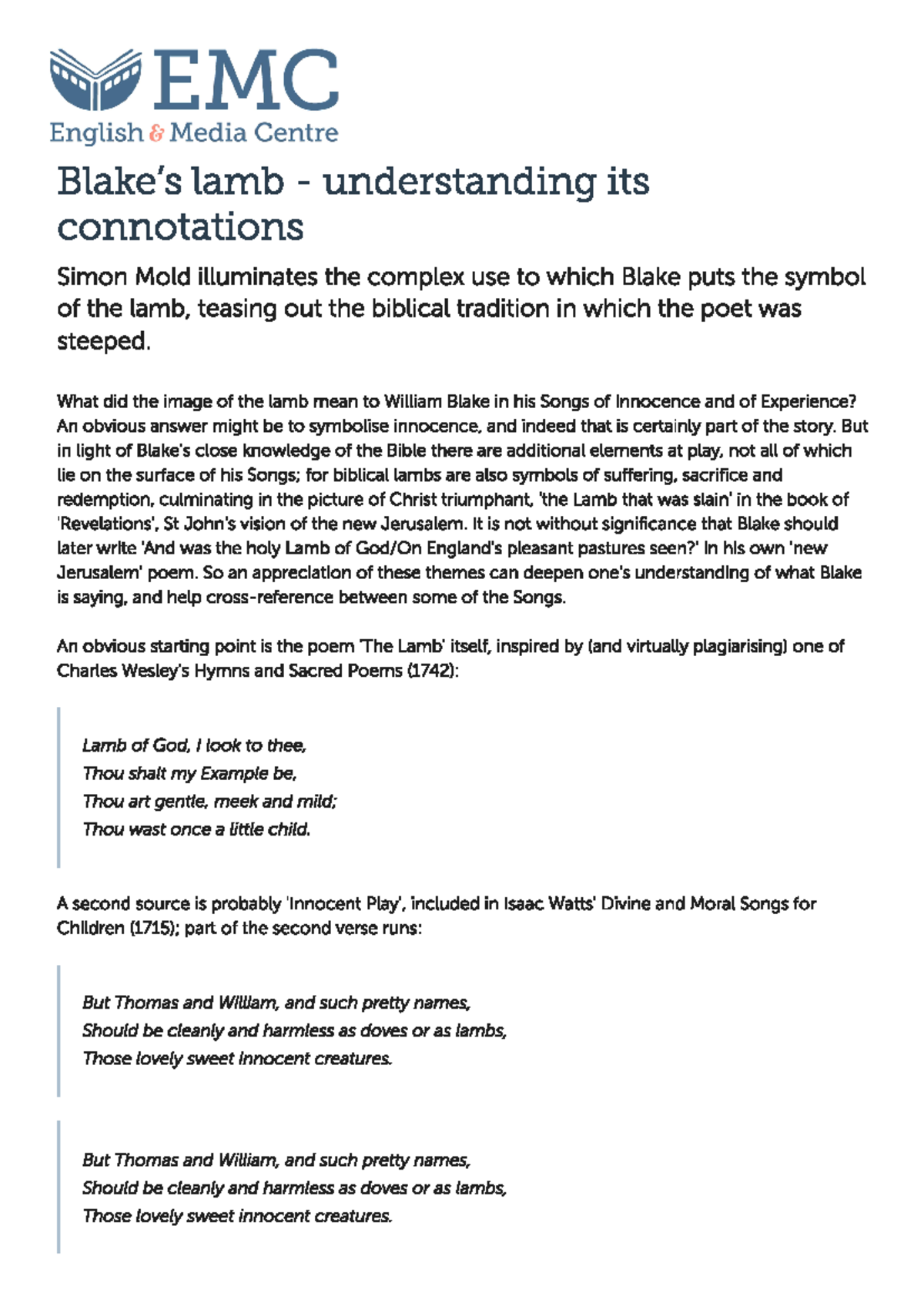 Blake's Lamb - The lamb by wiliam blake commentary - EMC English Media ...