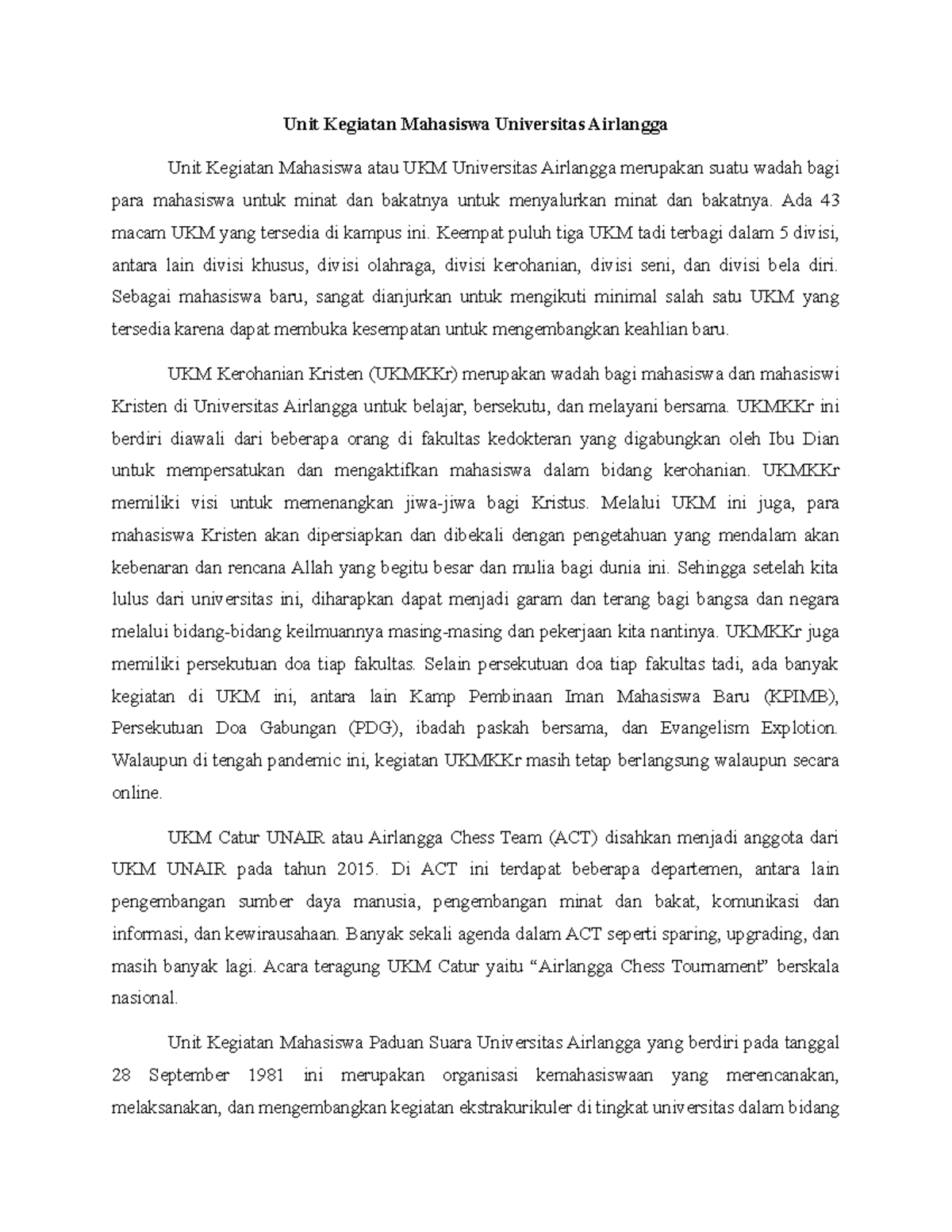 Esai UKM - belajar - Unit Kegiatan Mahasiswa Universitas Airlangga Unit Kegiatan Mahasiswa atau ...