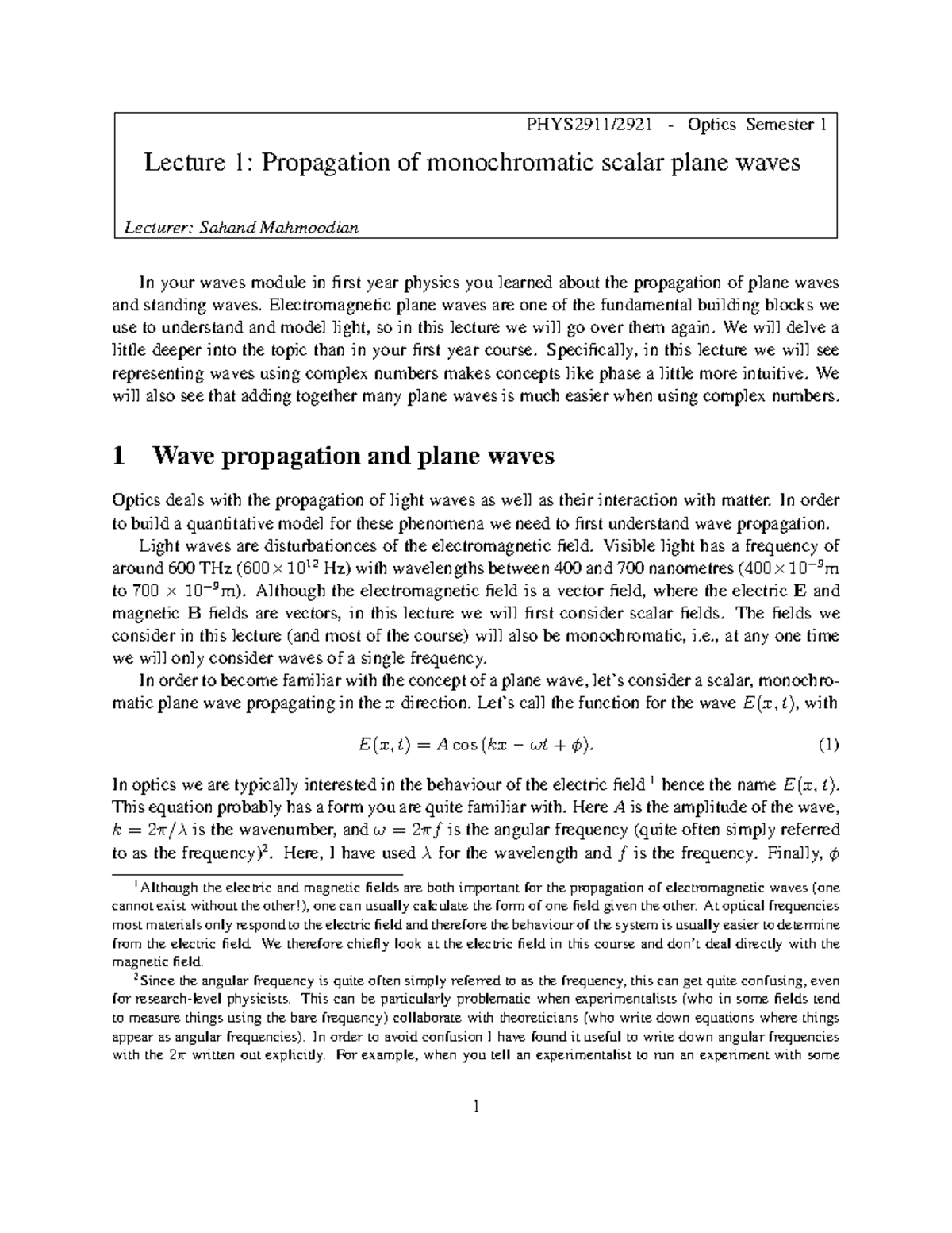 Lecture 1-3 - mathematics - PHYS2911/2921 - Optics Semester 1 Lecture 1 ...