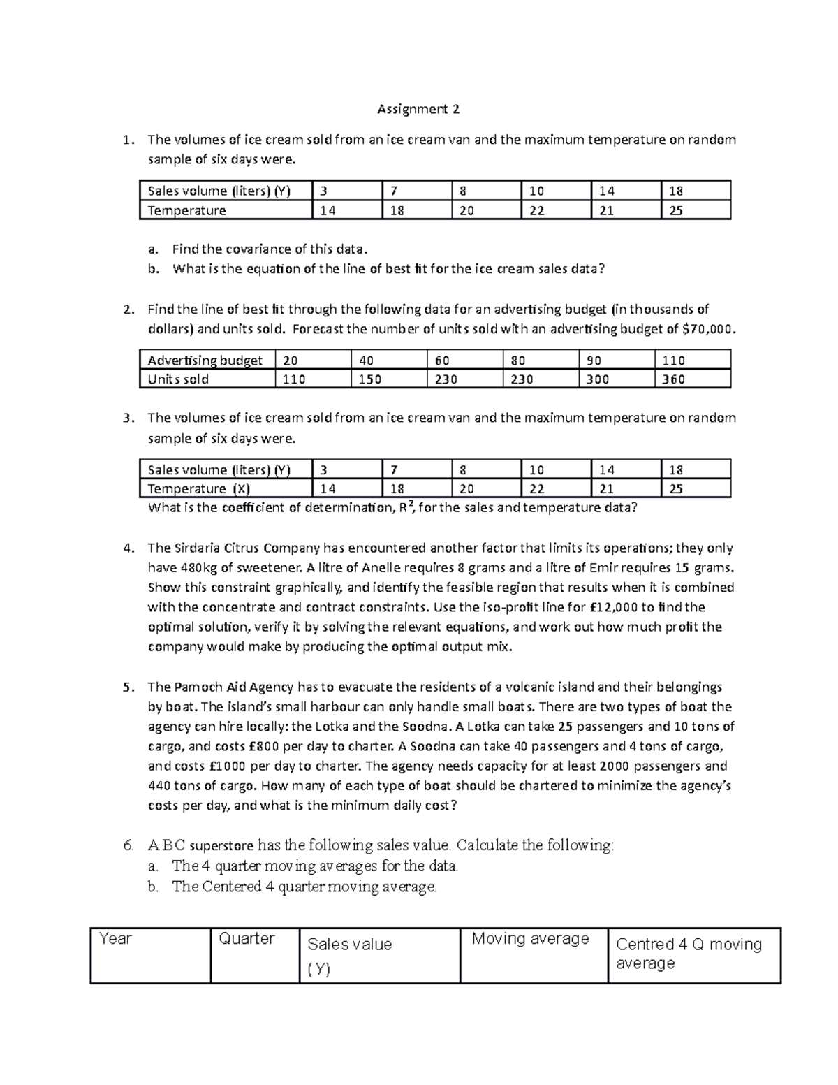 Assignment 2 due on 15 May - Assignment 2 The volumes of ice cream sold ...