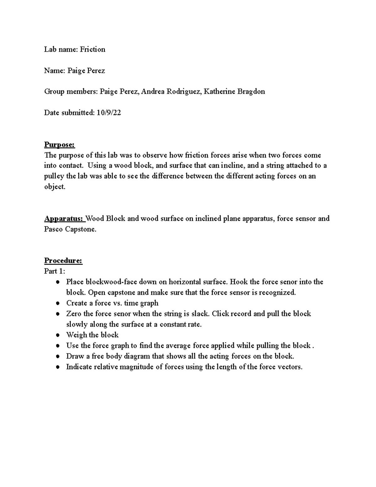 Physics lab report 4 - Lab name: Friction Name: Paige Perez Group ...