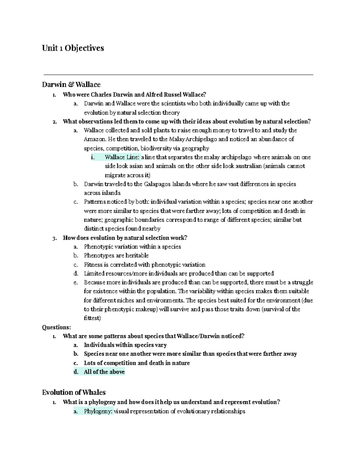 Ecology & Evolution Final Unit 1 Study Guide - Unit 1 Objectives Darwin ...