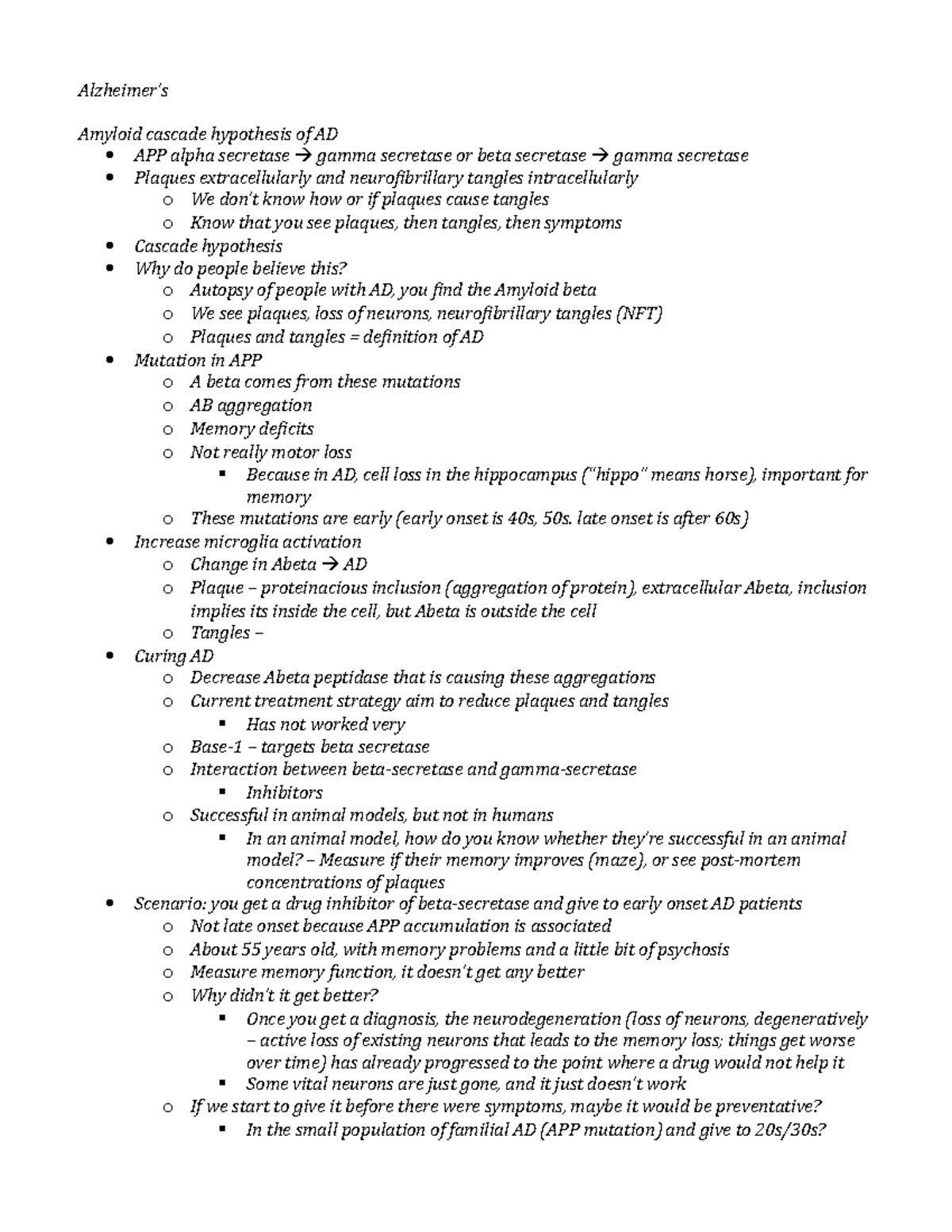 Alzheimer's Lecture Notes - Alzheimer’s Amyloid cascade hypothesis of ...