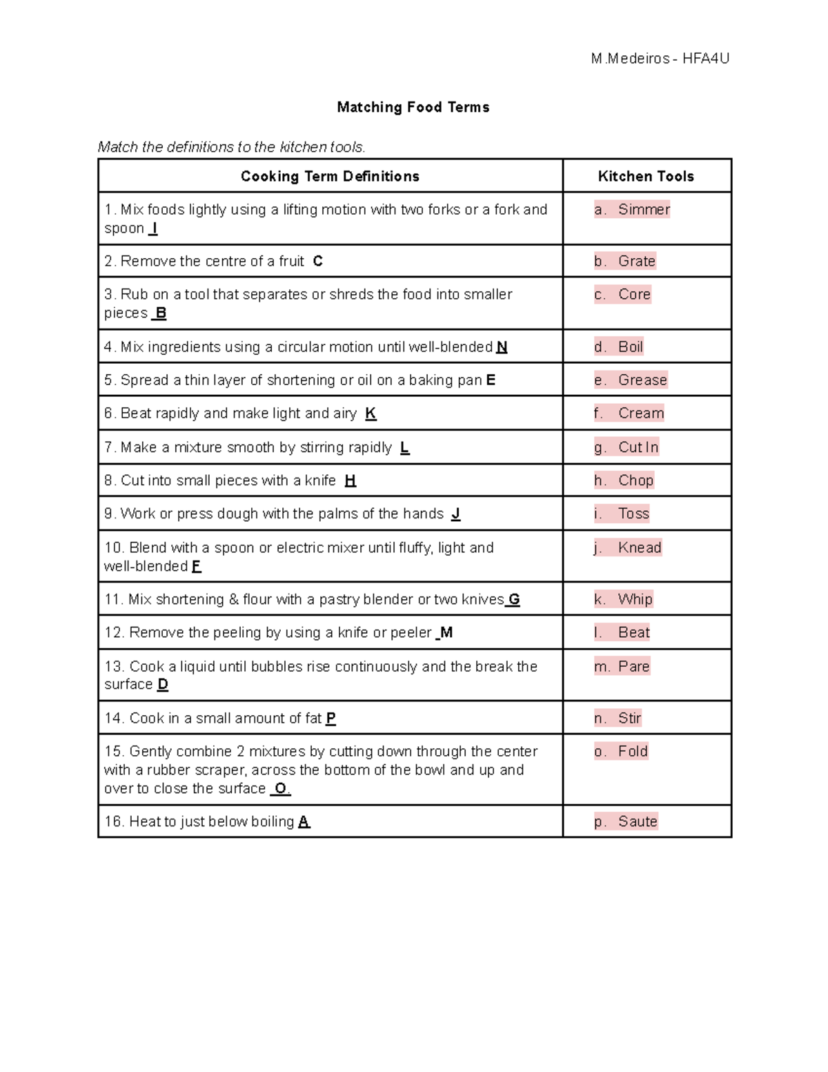 Matching Food Terms - Sc/Nats 1560 - Yorku - Studocu