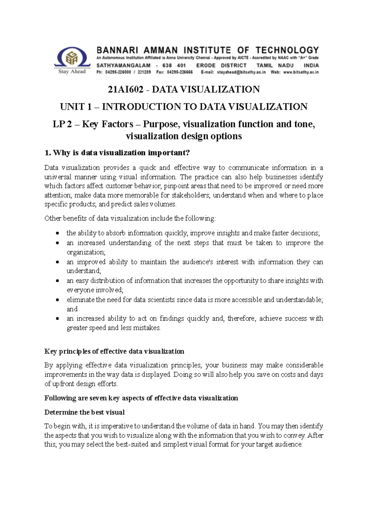 Lesson 1 - NIL - 21AI602 - DATA VISUALIZATION UNIT 1 – INTRODUCTION TO DATA VISUALIZATION LP 2 ...