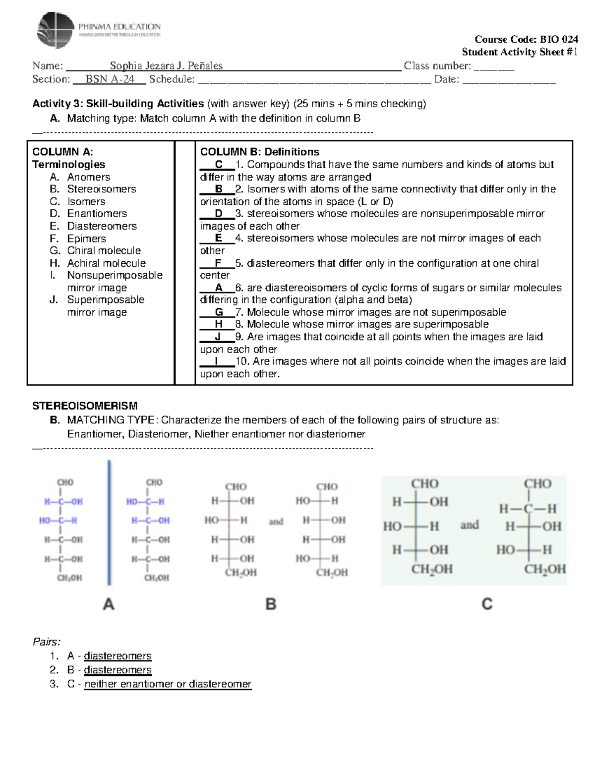BIO 024 SAS #1 Carbohydrates Peñales, Sophia - Course Code: BIO 024 ...