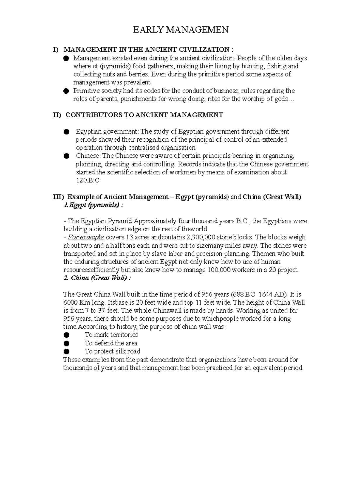 Early- Managemen - EARLY MANAGEMEN I) MANAGEMENT IN THE ANCIENT ...