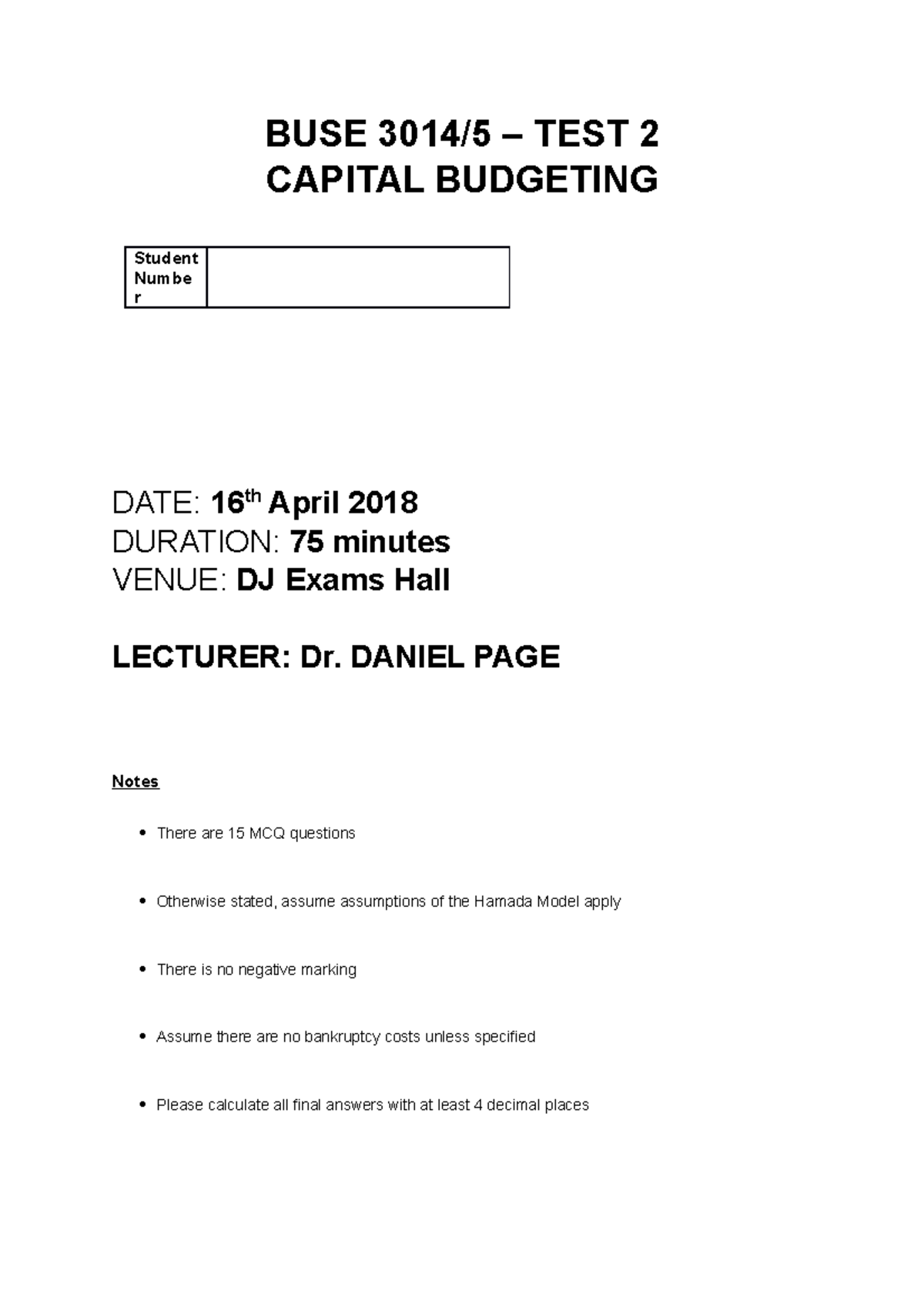 FINE3014 Capital Budgeting Test 2018 - BUSE 3014/5 – TEST 2 CAPITAL ...