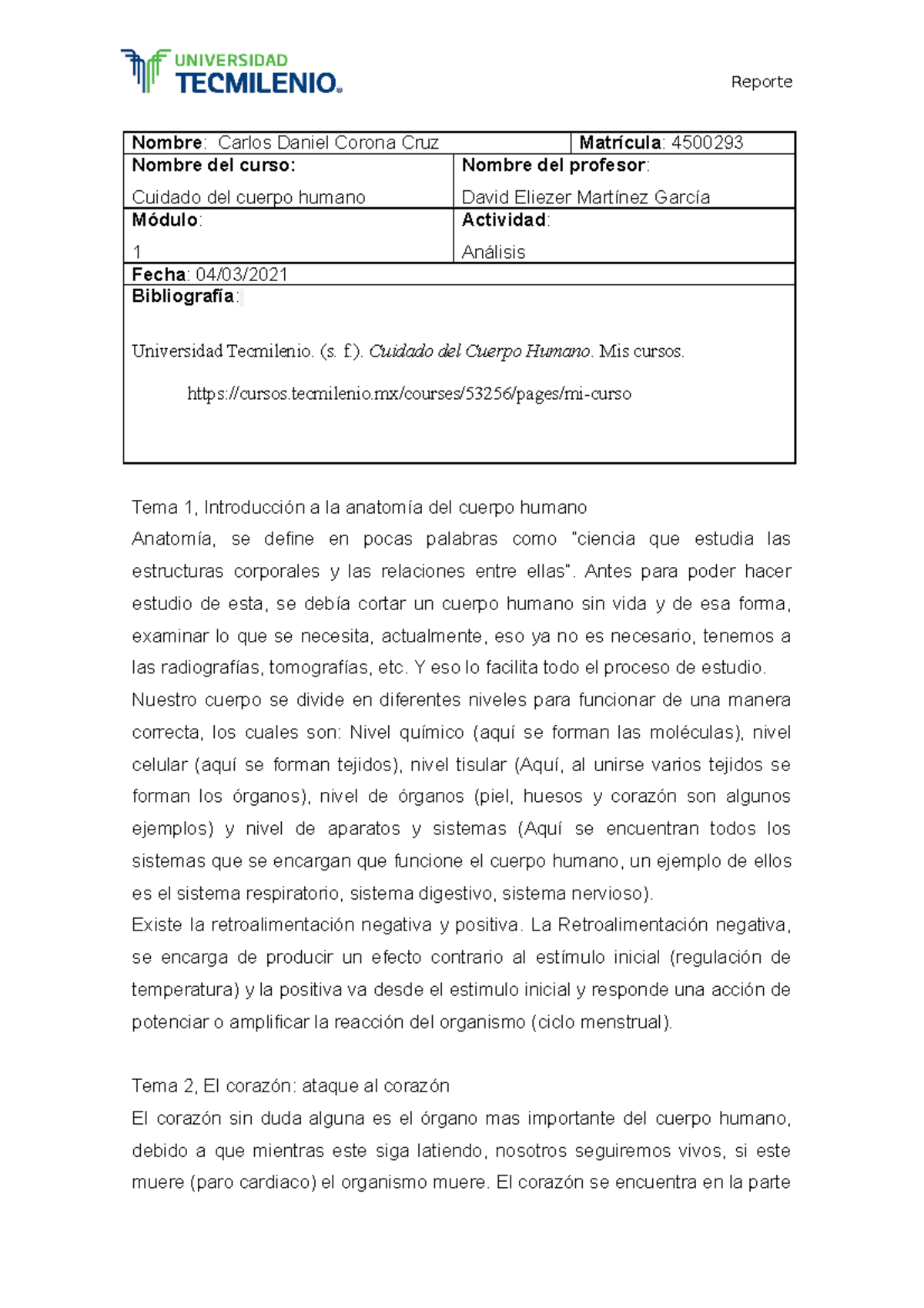 Cuidado del Cuerpo Humano, evi1 - Nombre : Carlos Daniel Corona Cruz ...