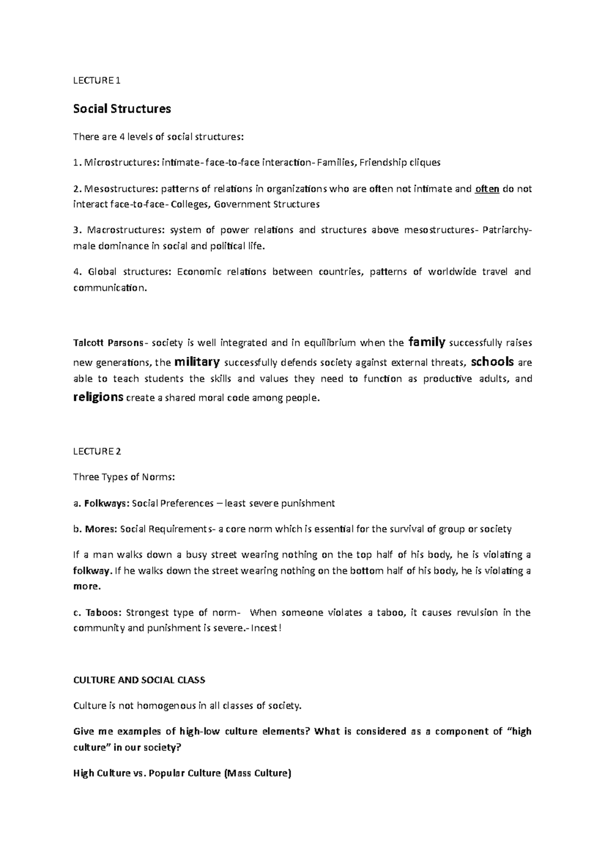 Sociology Notes (for the Final) - LECTURE 1 Social Structures There are ...