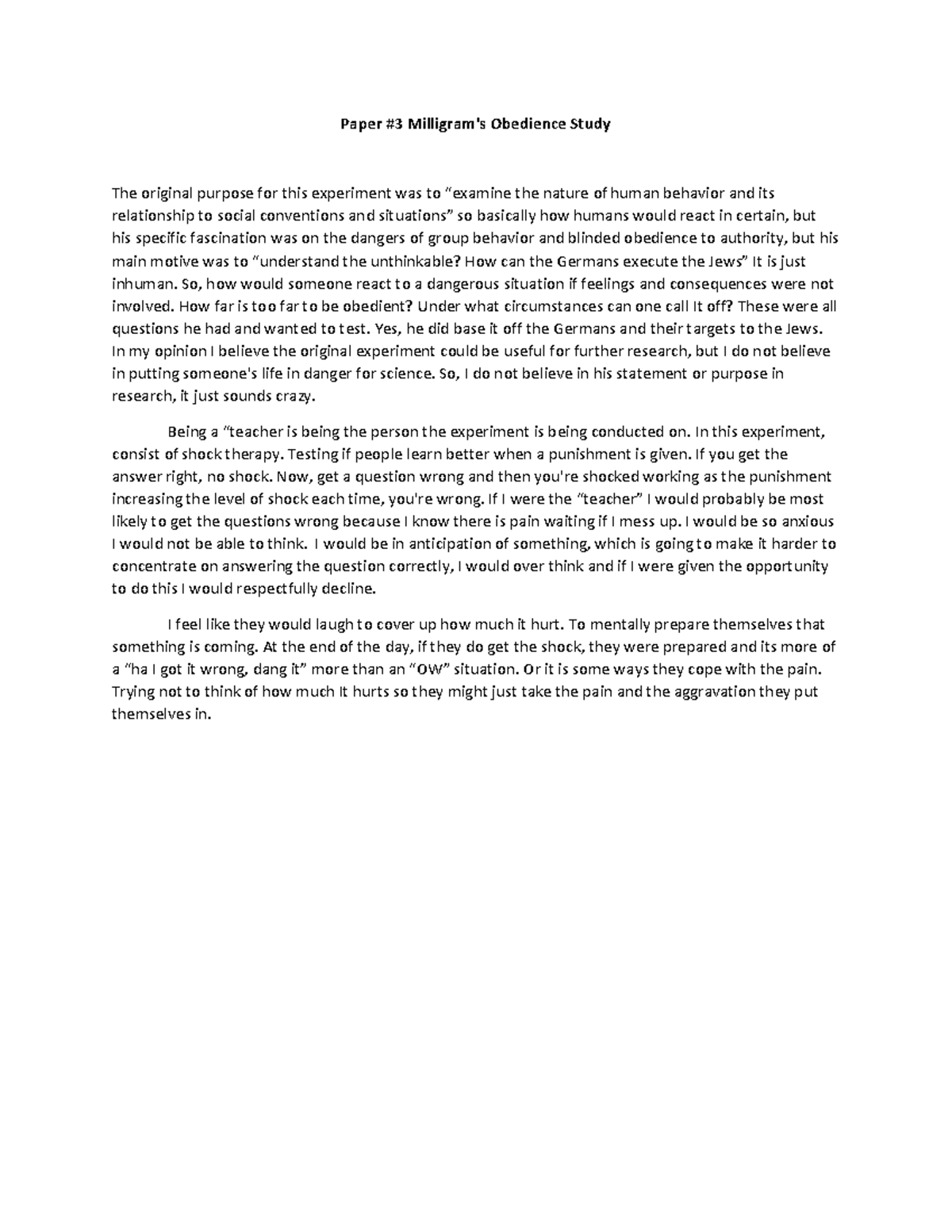 Phyc paper 3 - notes - Paper #3 Milligram's Obedience Study The ...