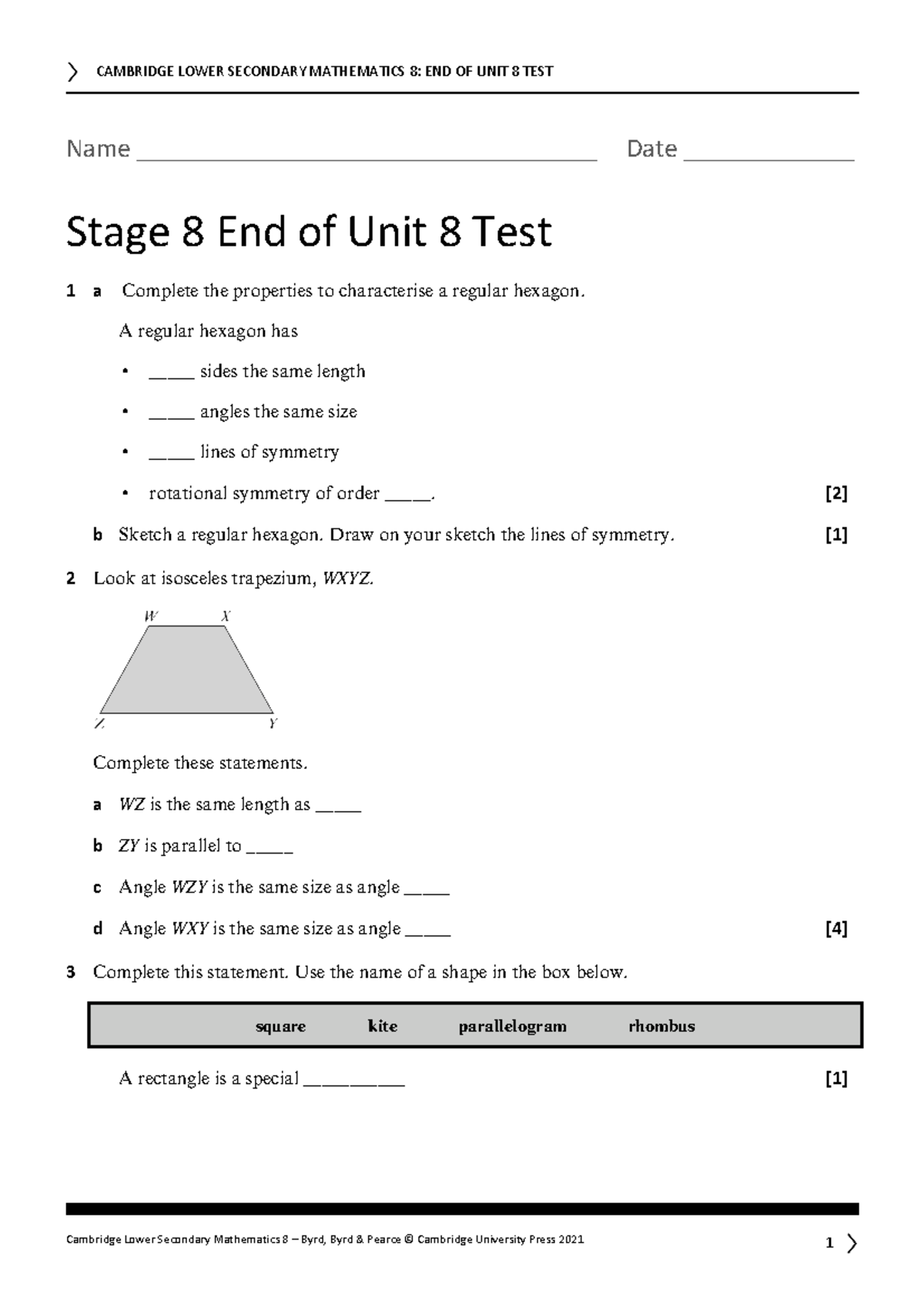 Stage 8 End of Unit 8 Test - CAMBRIDGE LOWER SECONDARY MATHEMATICS 8 ...