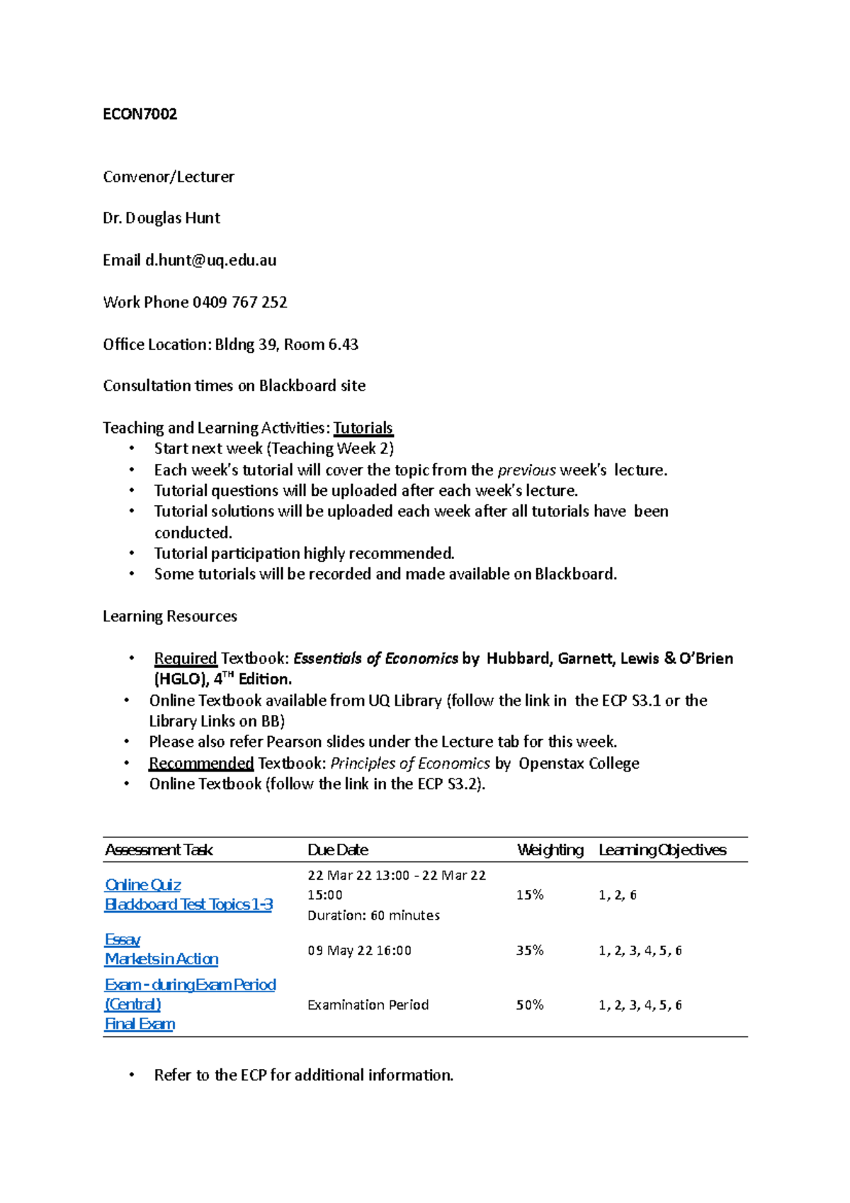 Economics for Commerce : ECON7002 LA 1 notes 2022 - ECON7002 - UQ - Studocu