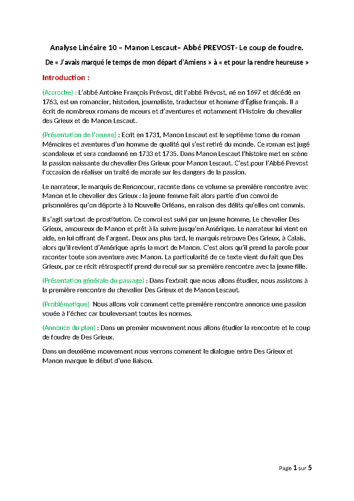 10 - Analyse Lineaire 10 - ABBE Prevost- Manon Lescaut - LE Coups DE ...