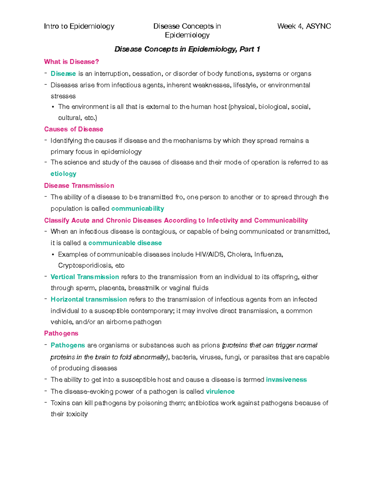 Intro to Epi, Week 4 Async - Epidemiology Disease Concepts in ...