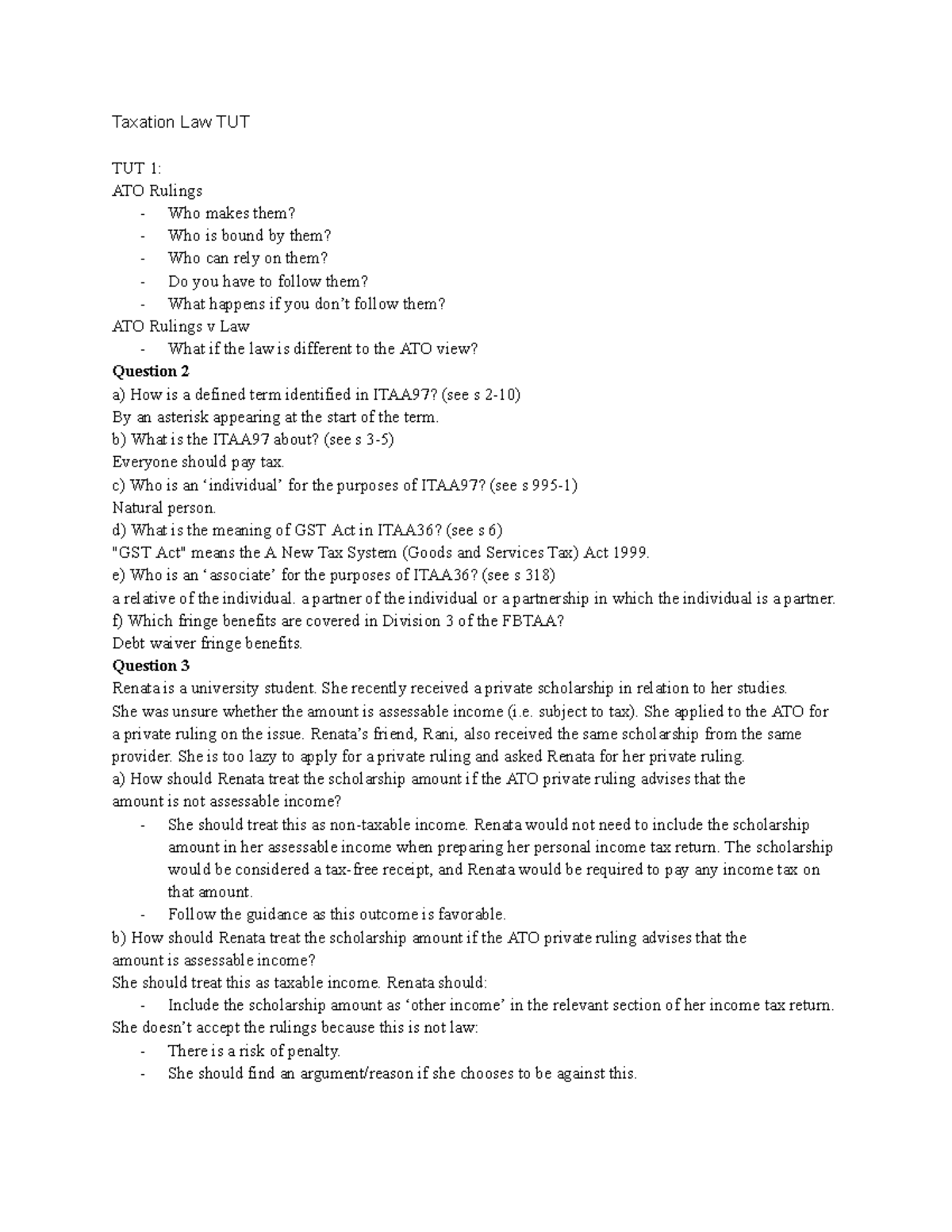 Taxation Law TUT 1 answer - Taxation Law TUT TUT 1: ATO Rulings - Who ...