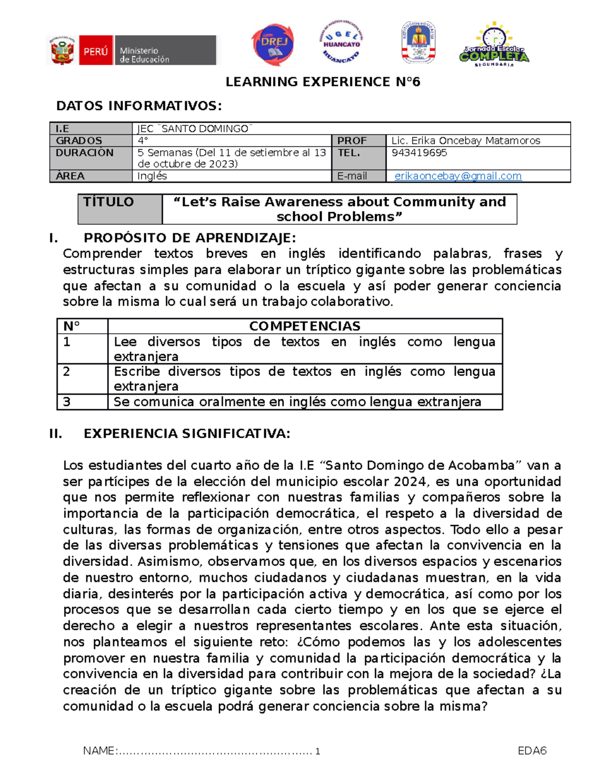 Learning Experience N°6 -4to Secundaria Student 2023 activity 1 15 09 ...