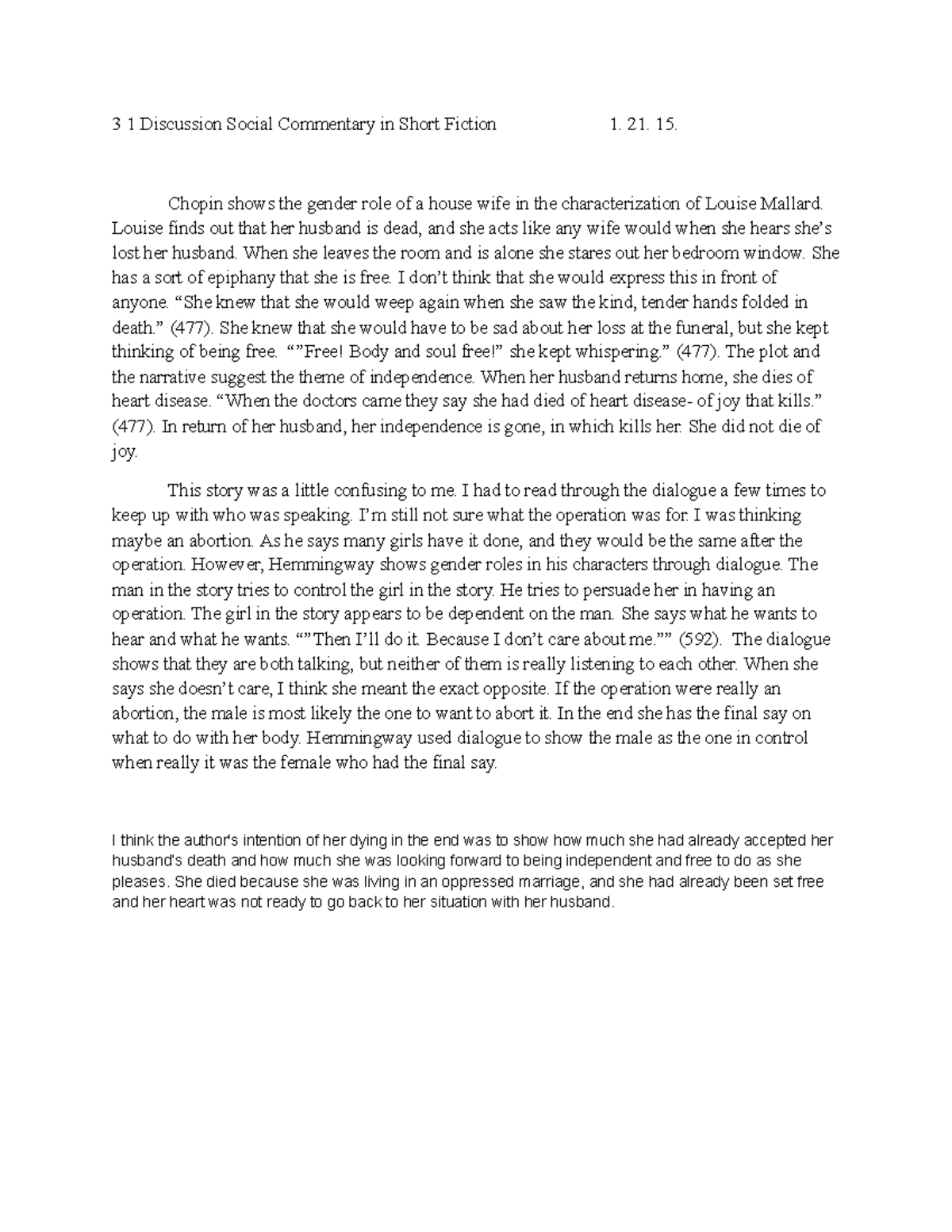 3-1 Discussion Social Commentary in Short Fiction - 21. 15. Chopin ...