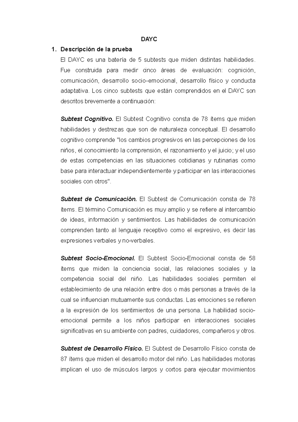 DAYC - resumen del DAYC - DAYC Descripción de la prueba El DAYC es una ...