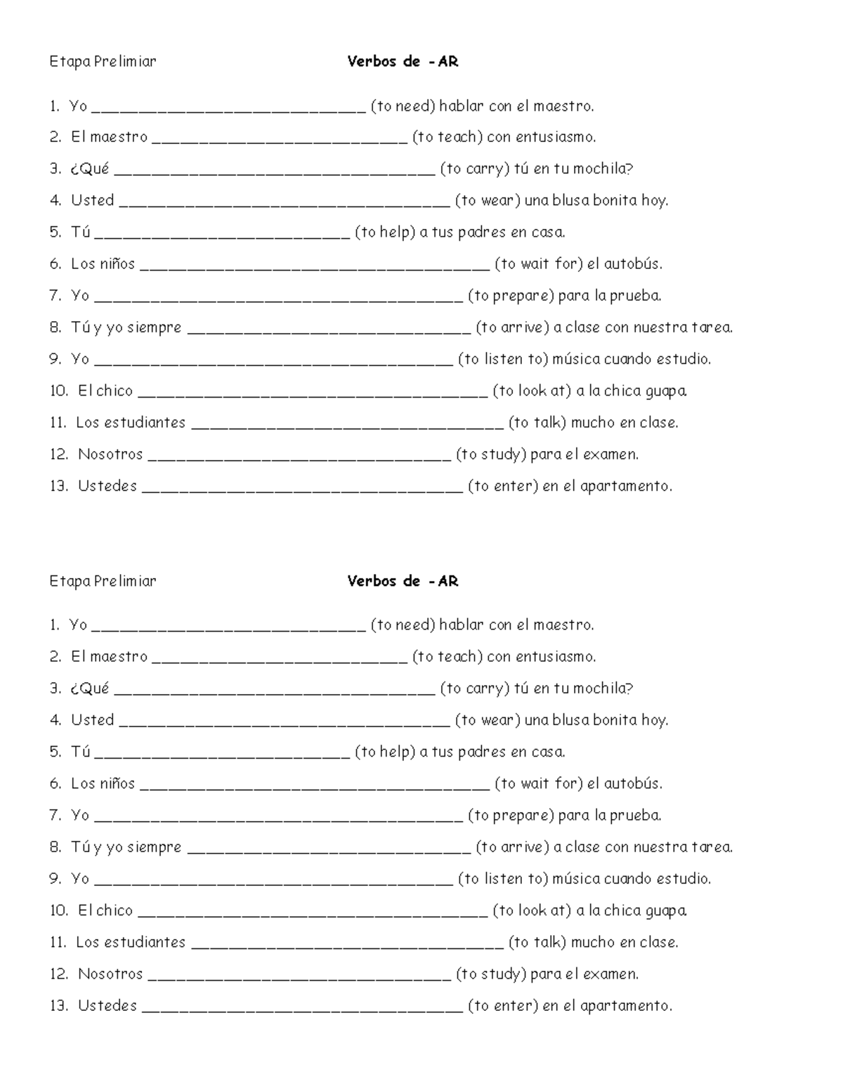 AR verb practice - Verbos en el presente - Etapa Prelimiar Verbos de ...