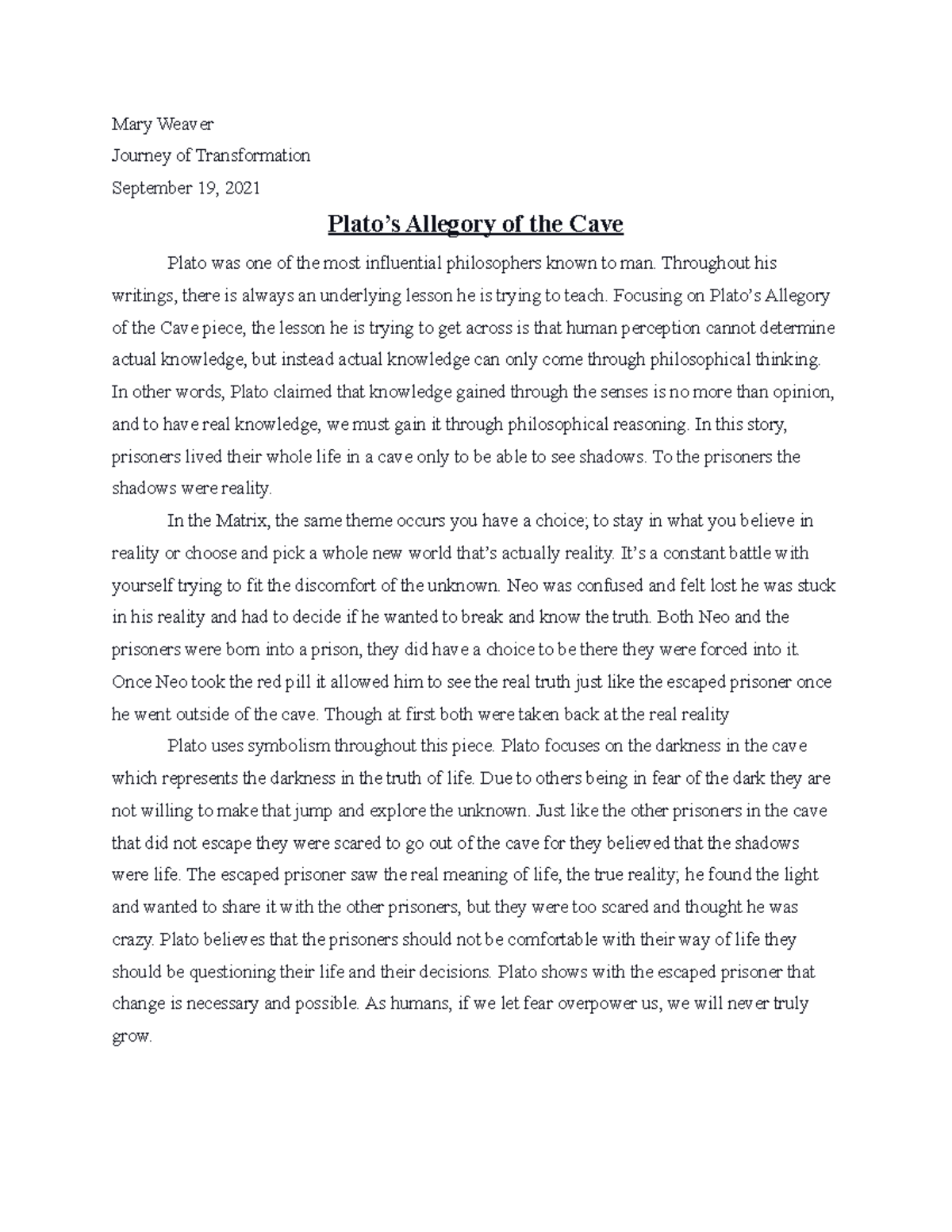 Platos Allegory of the Cave - Mary Weaver Journey of Transformation ...