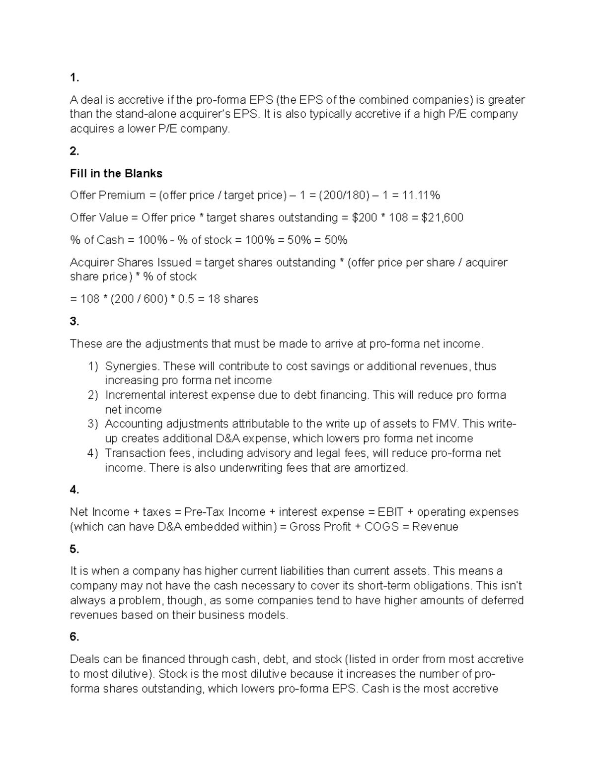 Quiz Answer Key - 1. A deal is accretive if the pro-forma EPS (the EPS ...