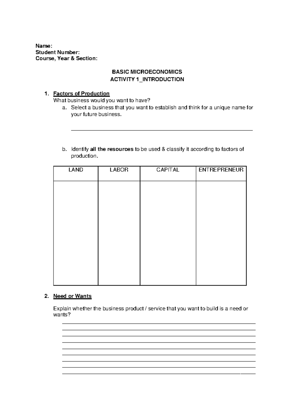 Basic- Microeconomics- Activity 1 - Name: Student Number: Course, Year ...