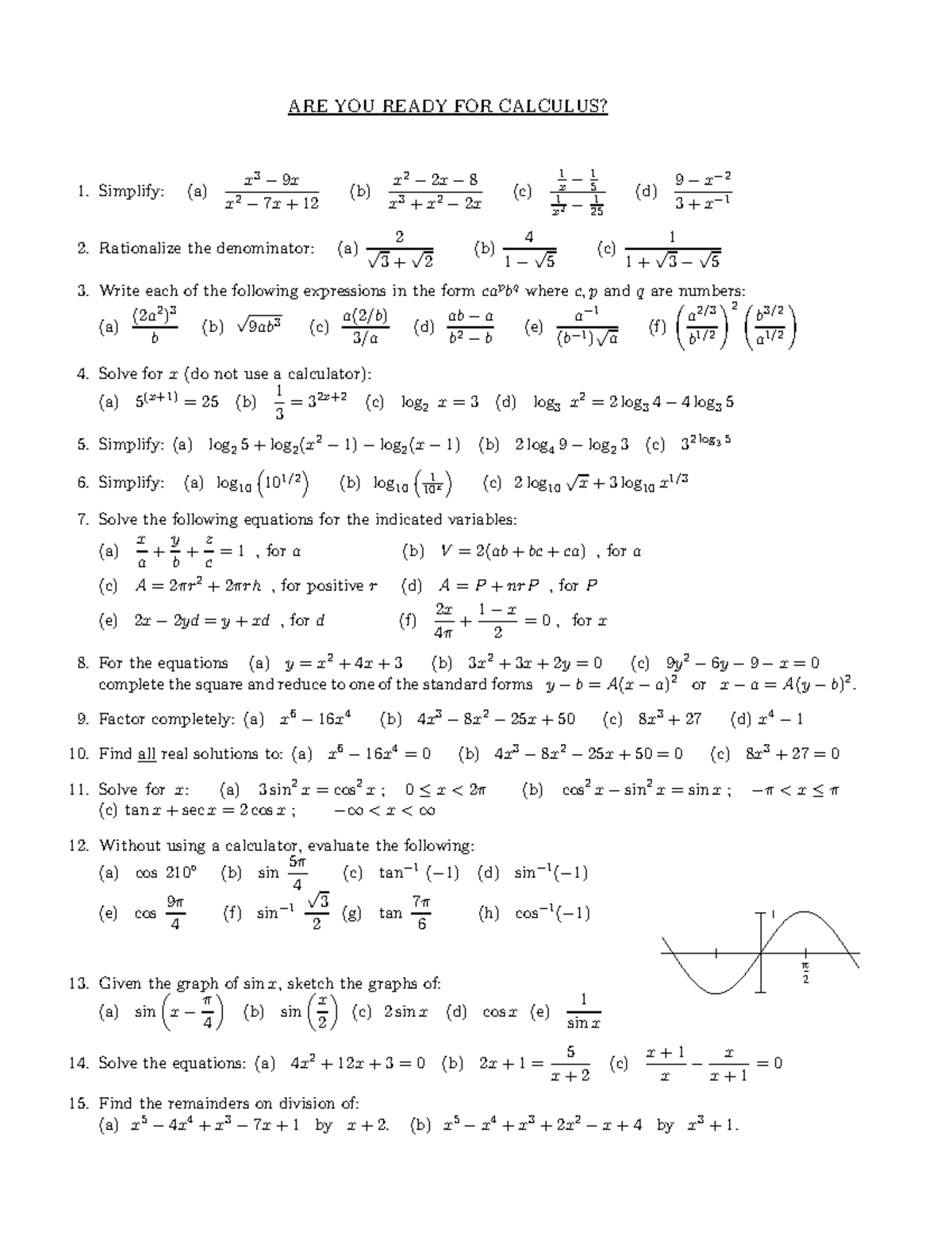 Are You Ready - Algebra and precalculus problems - ARE YOU READY FOR ...