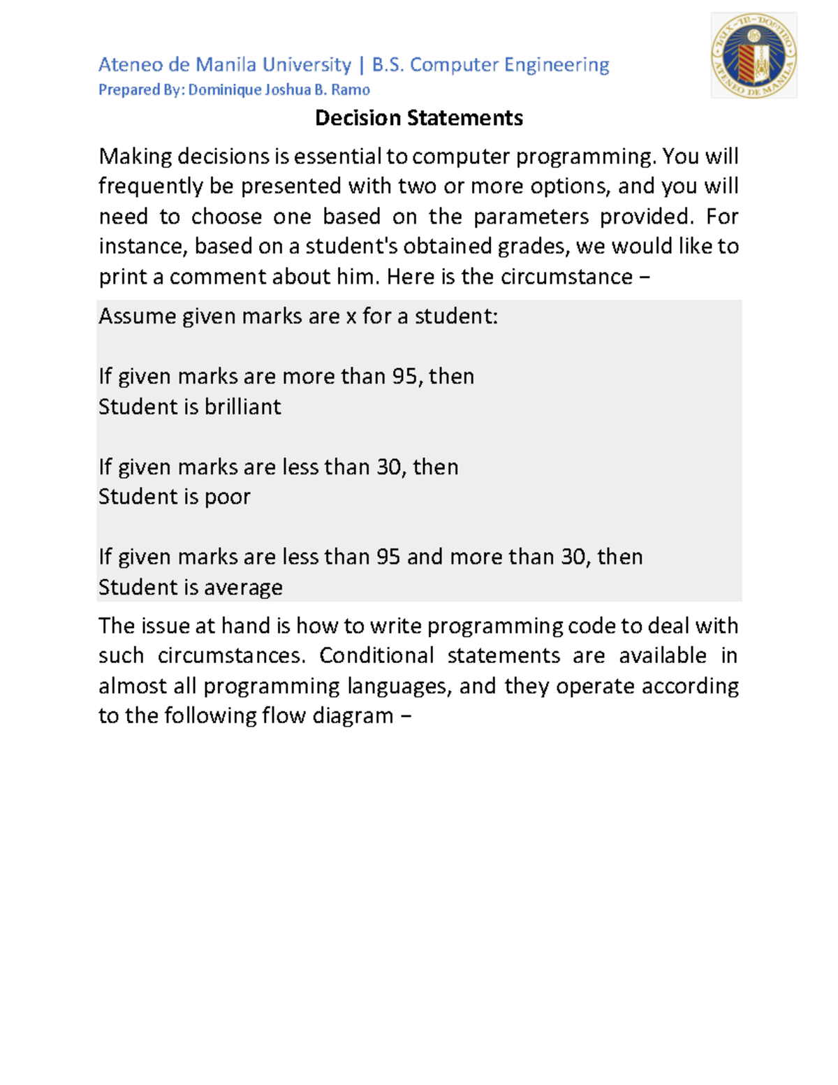 Study Guide - Decision Statements - Prepared By: Dominique Joshua B ...