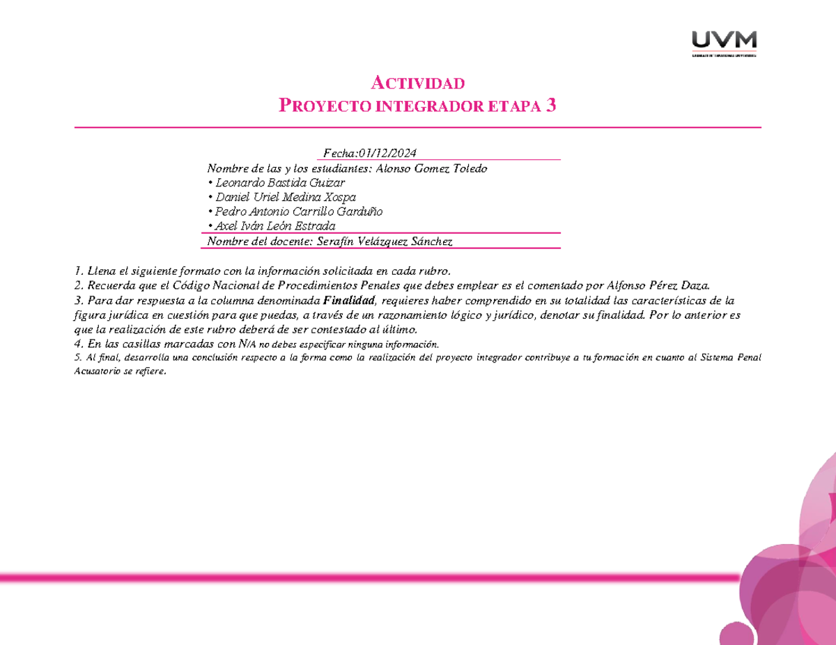 PI Etapa 3 DPP - Trabajo blackboard - ACTIVIDAD PROYECTO INTEGRADOR ETAPA 3 Fecha: 01 / 12 ...