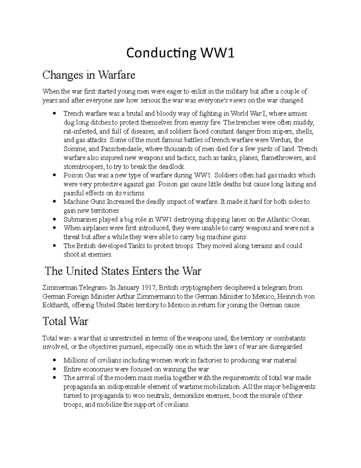 7.3 notes For Ap world - Conducting WW Changes in Warfare When the war ...