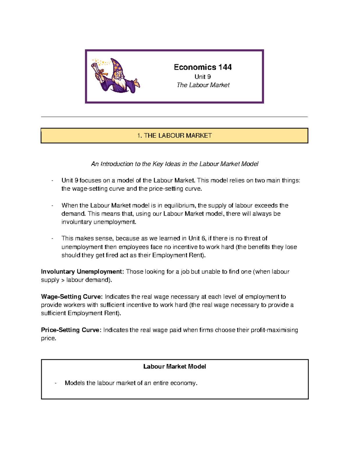 Economics 144 - Unit 9 - Economics 144 Unit 9 The Labour Market 1. THE ...