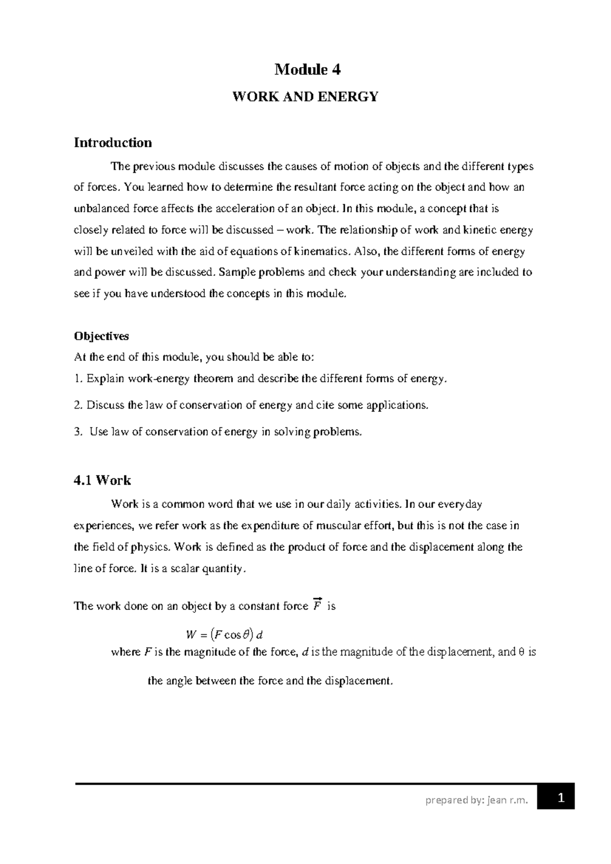Phys 311a Module 4 Work and Energy - 1 Module 4 WORK AND ENERGY ...